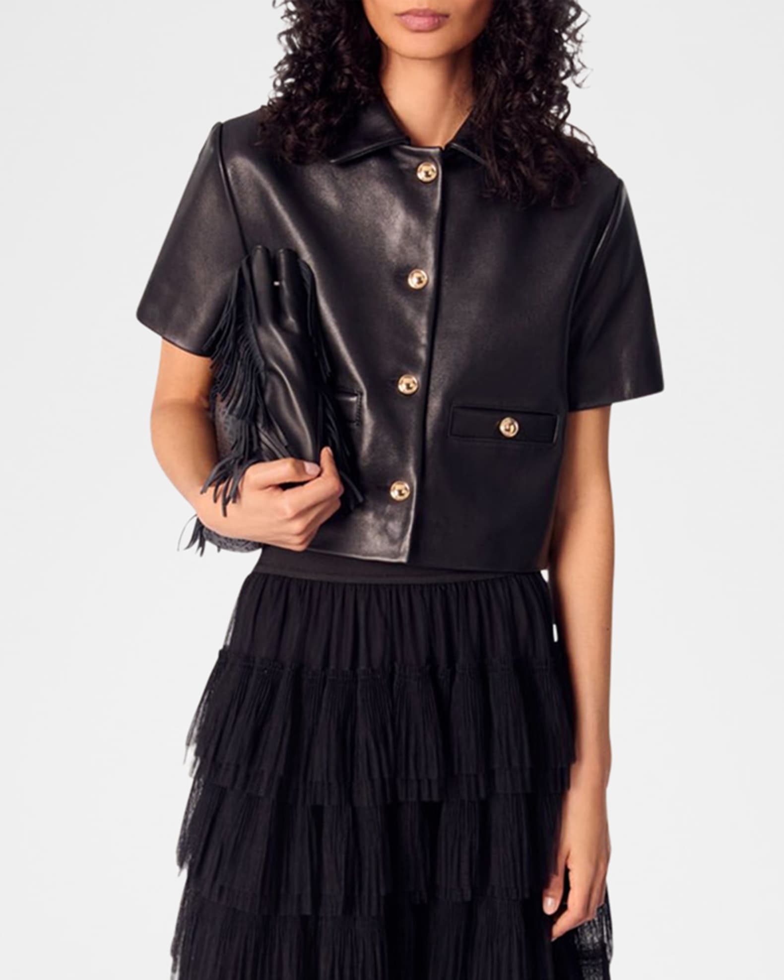 Maje Valdom Short-Sleeve Leather Blazer | Neiman Marcus