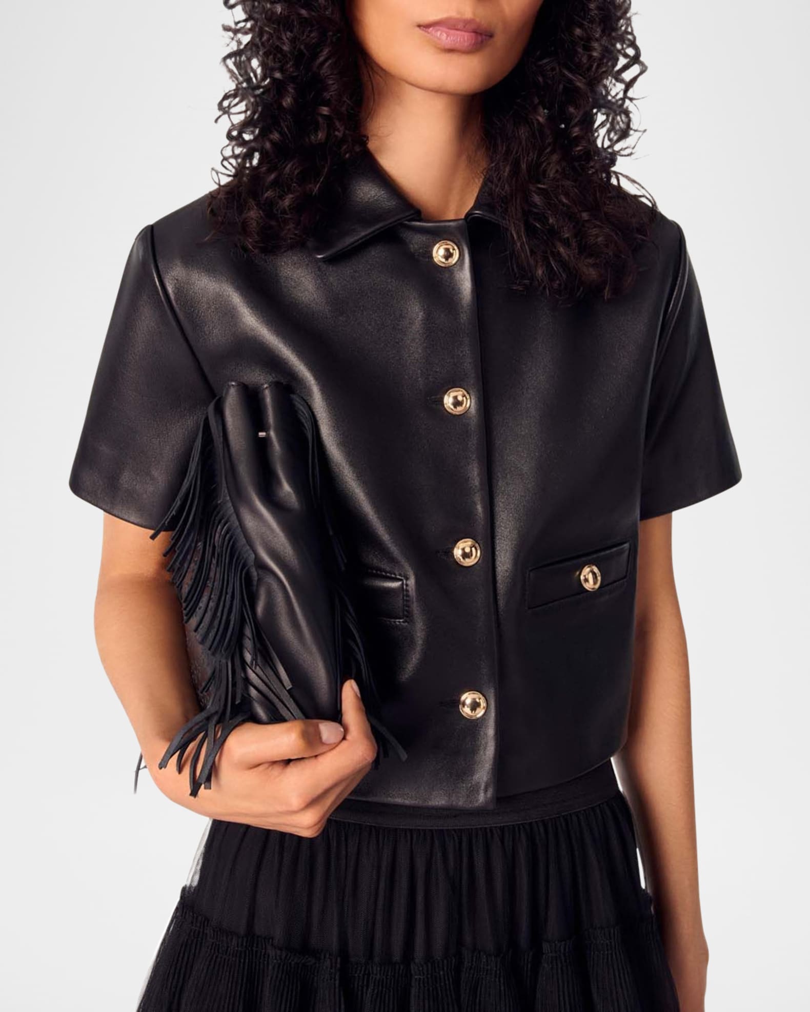 Maje Valdom Short-Sleeve Leather Blazer | Neiman Marcus