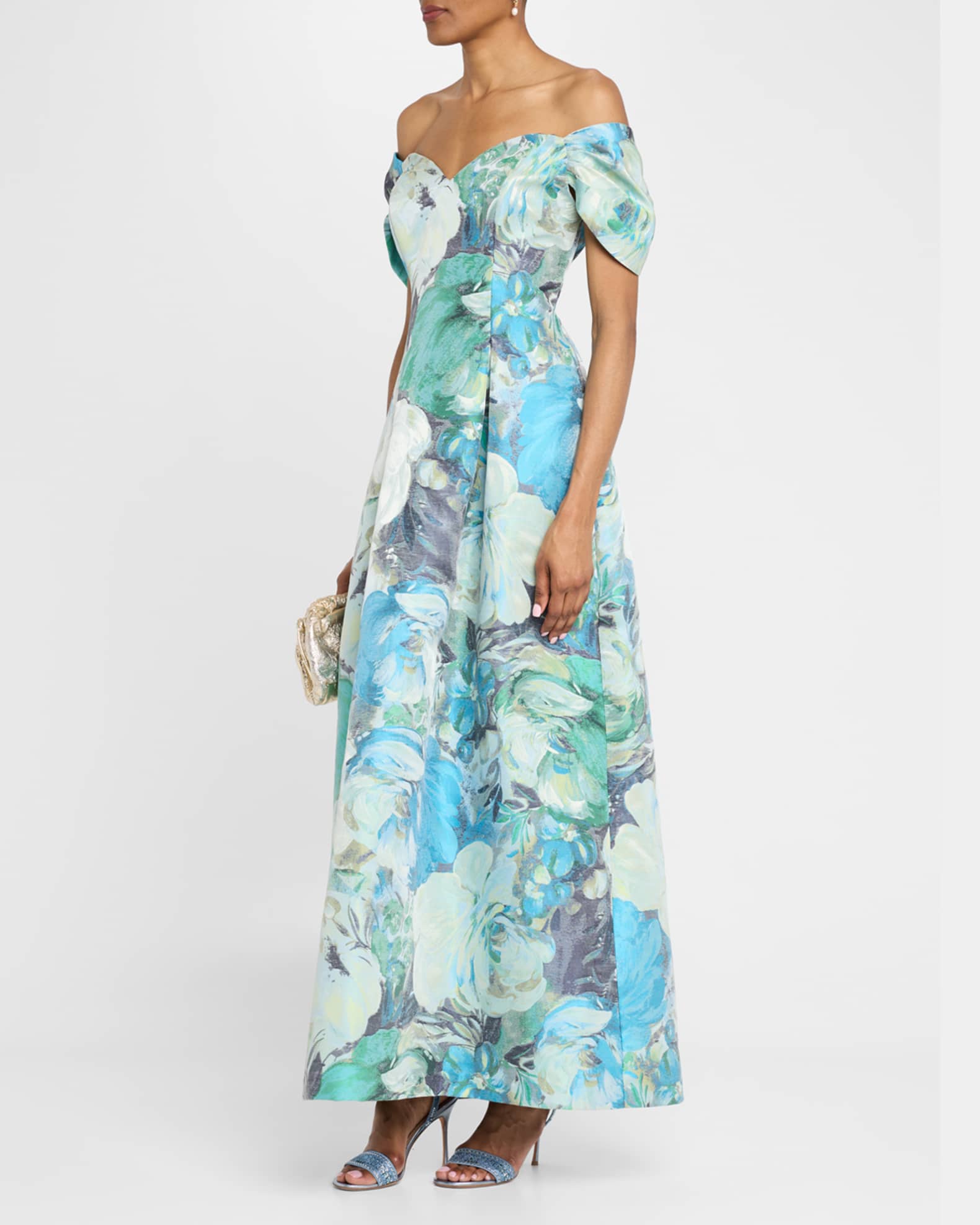 Aidan Mattox Pleated Off-Shoulder Floral Jacquard Gown | Neiman Marcus