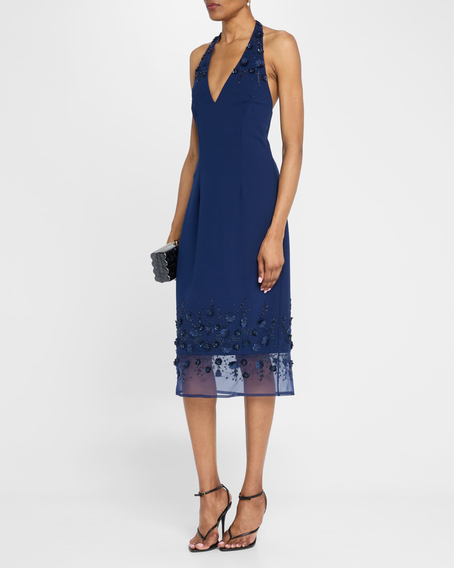 Aidan Mattox Beaded Floral Applique Halter Midi Dress | Neiman Marcus