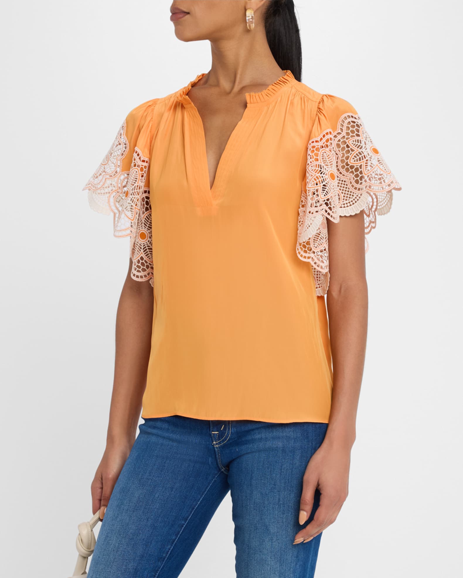 Ramy Brook Esti Embroidered-Sleeve Top | Neiman Marcus
