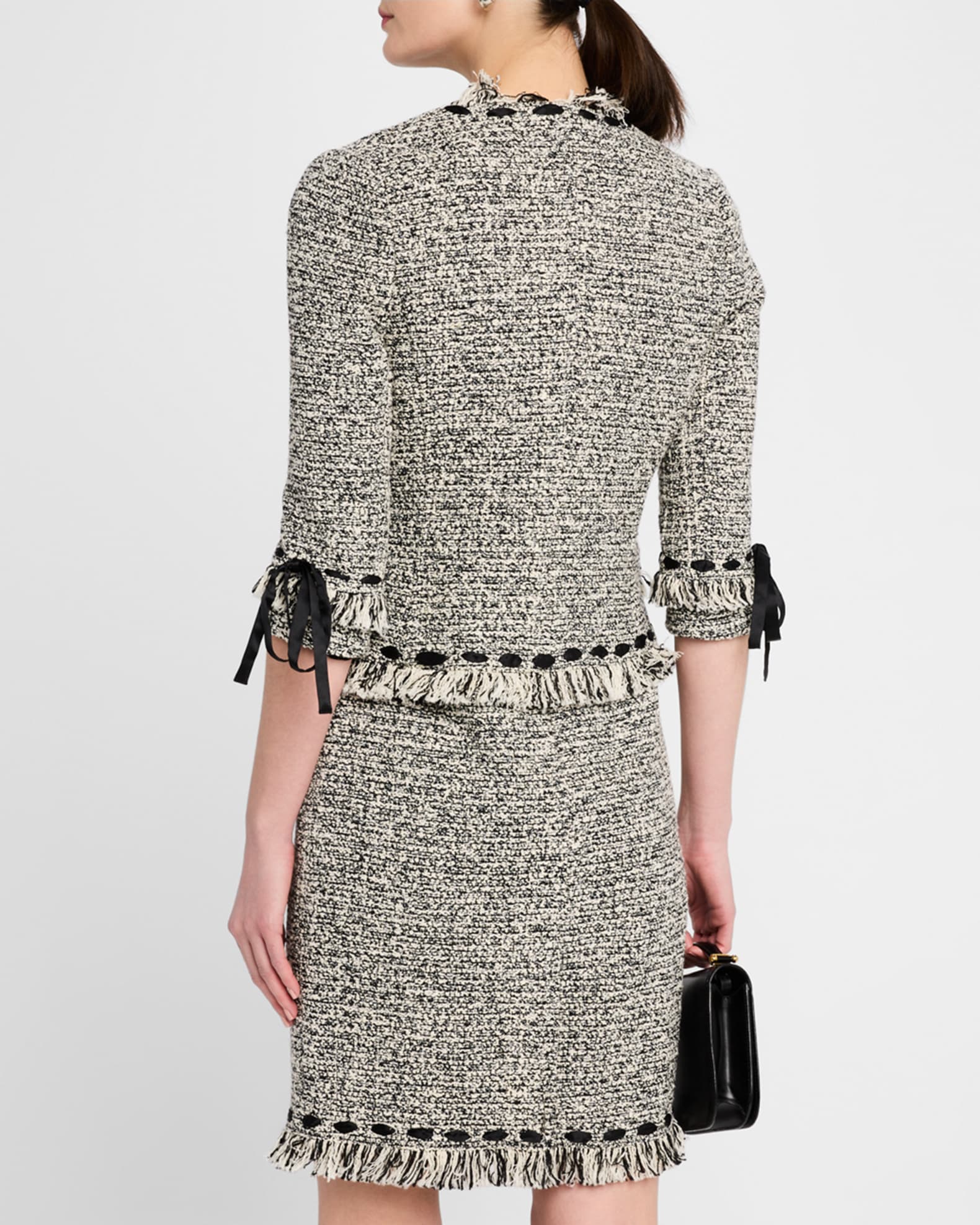 Rickie Freeman for Teri Jon Ribbon-Trim Fringed Tweed Jacket | Neiman Marcus