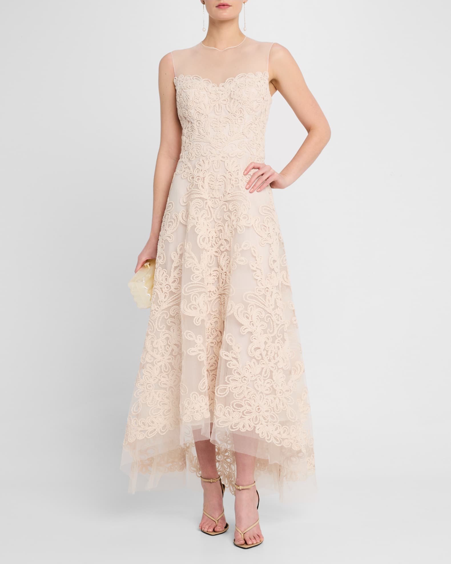 Rickie Freeman for Teri Jon Macrame-Embroidered Illusion Maxi Dress ...