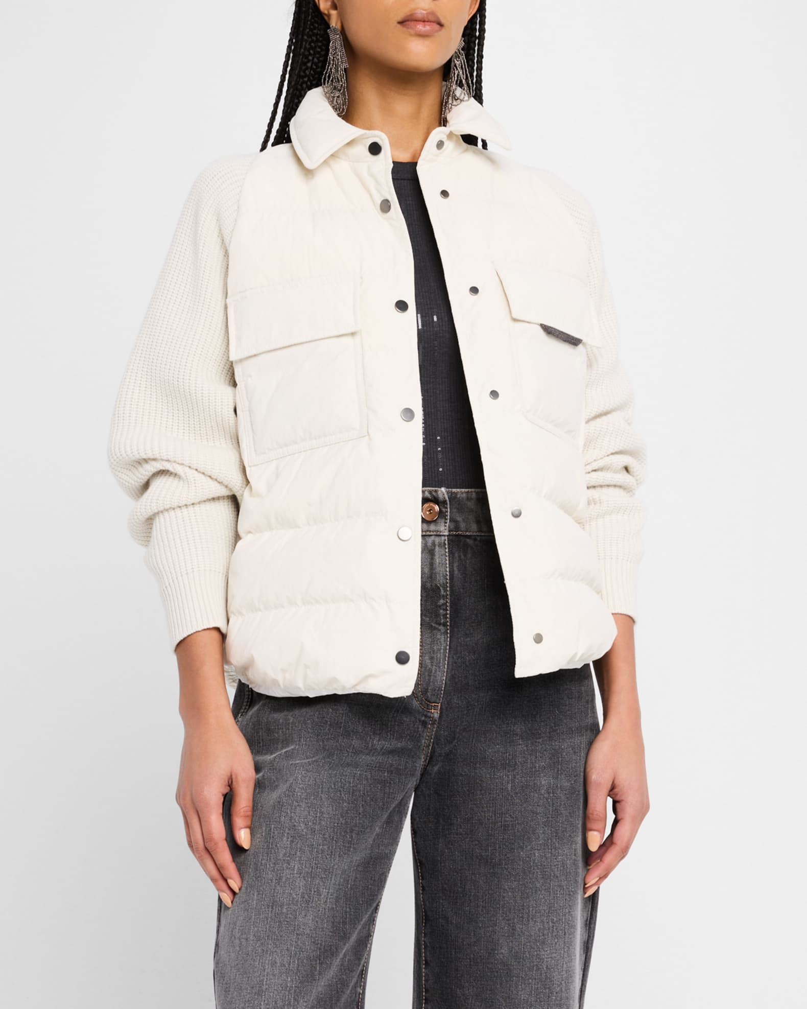 Brunello Cucinelli Knit-Sleeve Techno Crinkled Cotton Padded Jacket ...