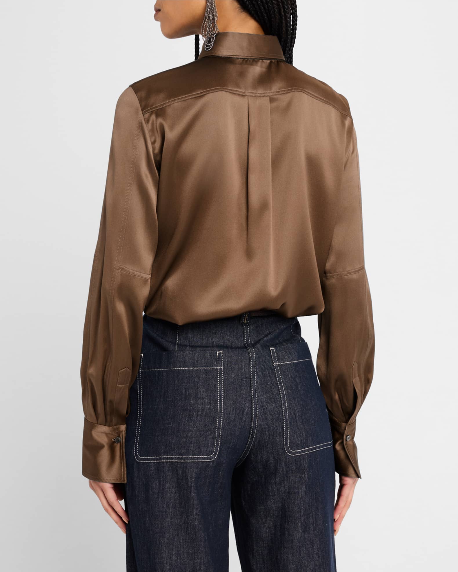 Brunello Cucinelli Silk Satin Stretch Blouse with Bib | Neiman Marcus