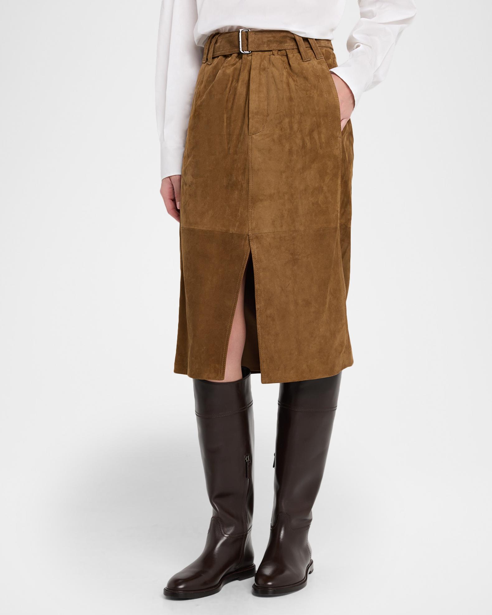 Brunello Cucinelli Suede Belted Midi Skirt | Neiman Marcus