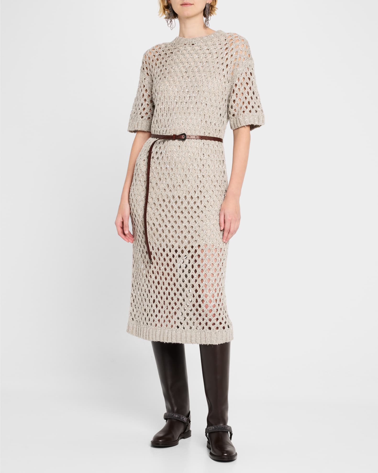 Brunello Cucinelli Openweave Pailette Silk and Linen Short-Sleeve Midi Sheath Dress | Neiman Marcus