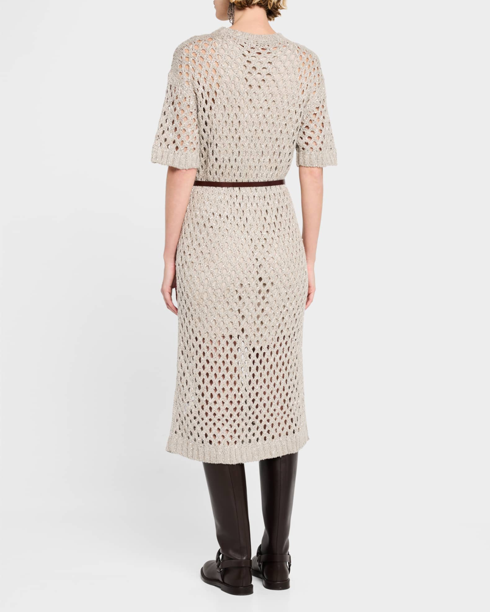 Brunello Cucinelli Openweave Pailette Silk and Linen Short-Sleeve Midi Sheath Dress | Neiman Marcus