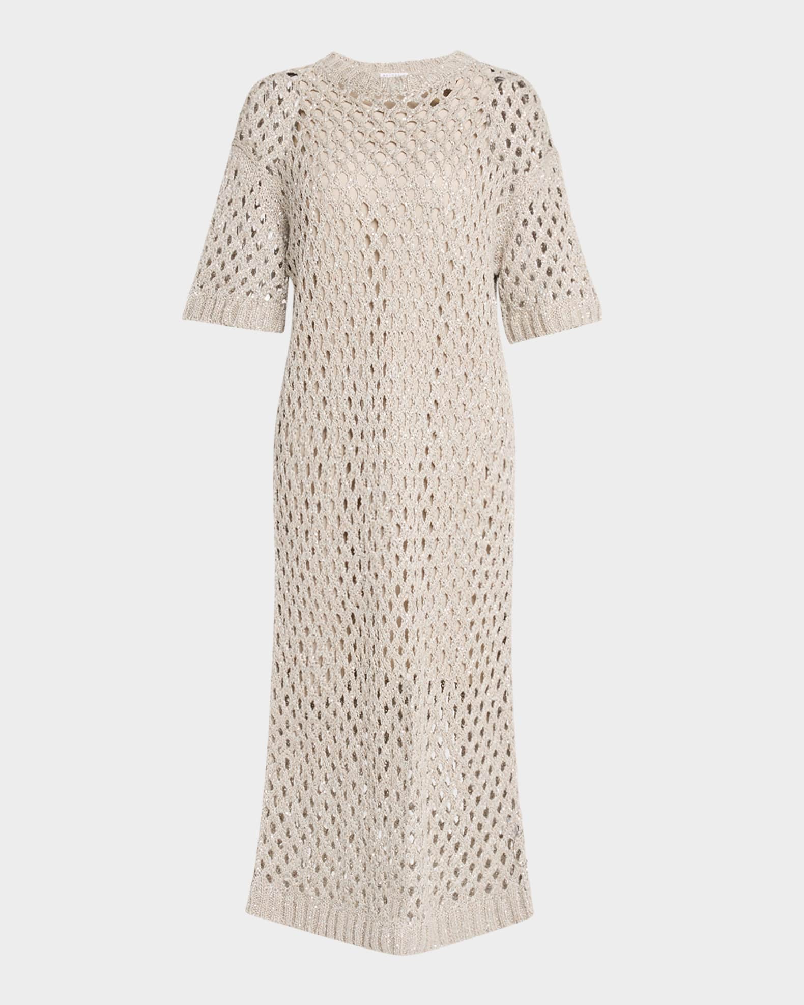 Brunello Cucinelli Openweave Pailette Silk and Linen Short-Sleeve Midi Sheath Dress | Neiman Marcus