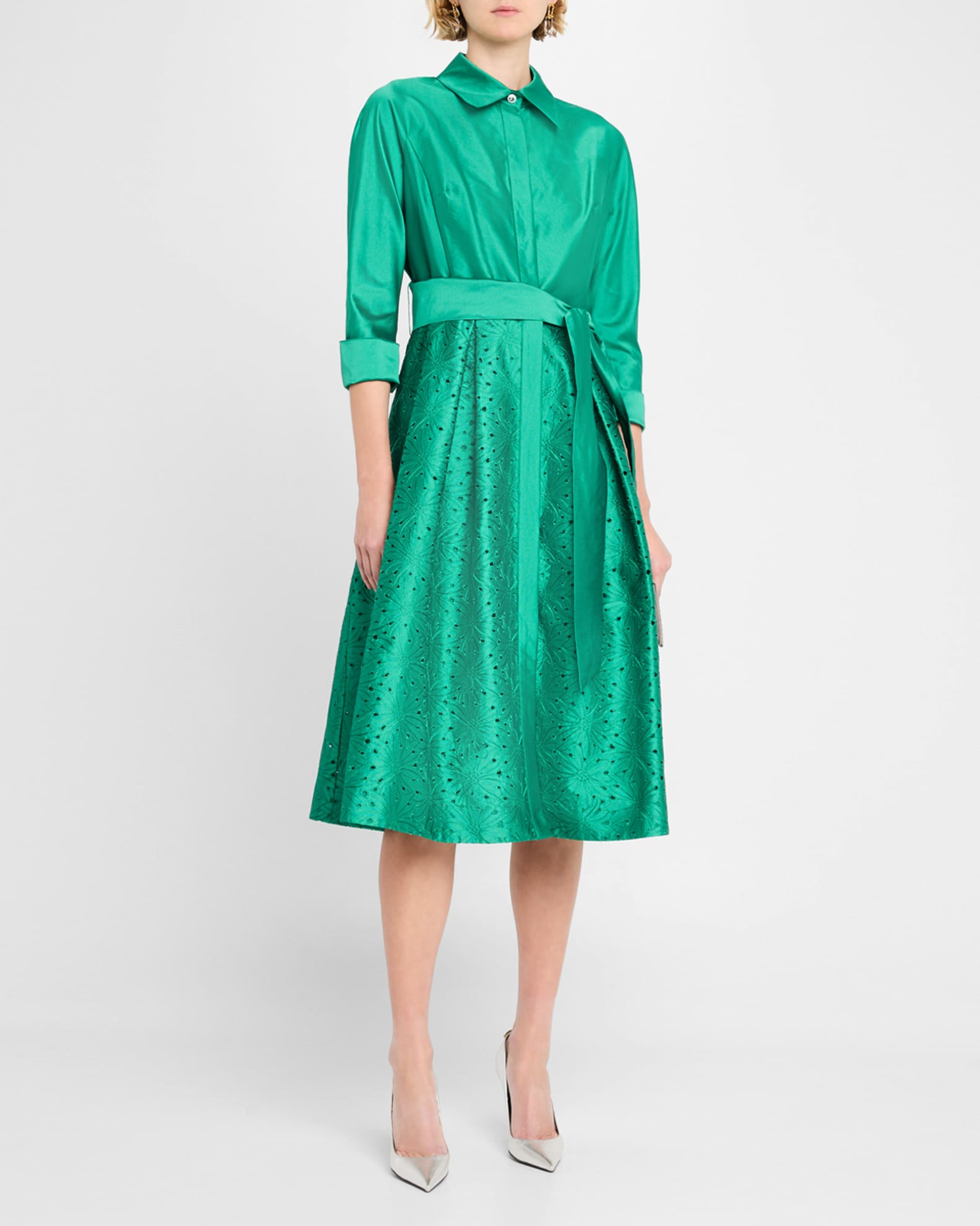 Rickie Freeman for Teri Jon Eyelet Embroidered Taffeta Midi Shirtdress ...