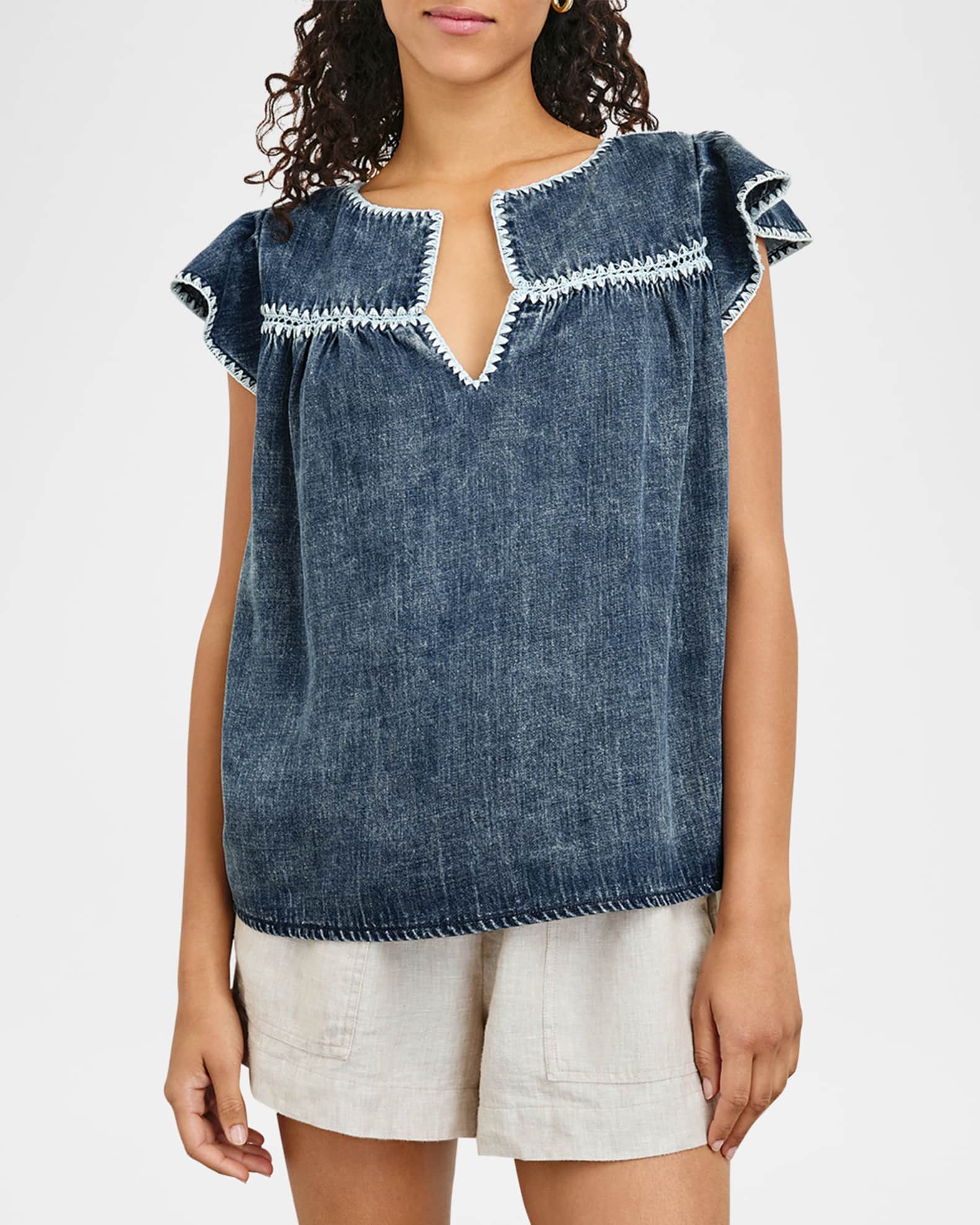 Rails Tafia Embroidered Flutter-Sleeve Blouse | Neiman Marcus