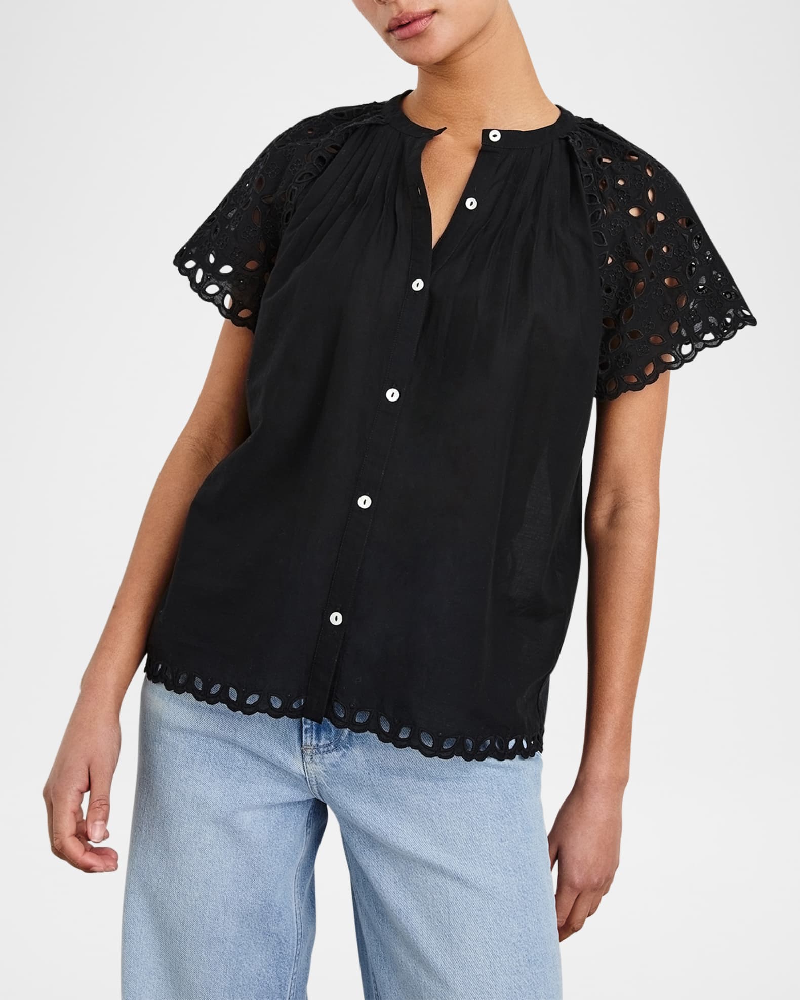 Rails Cerise Eyelet Flutter-Sleeve Blouse | Neiman Marcus