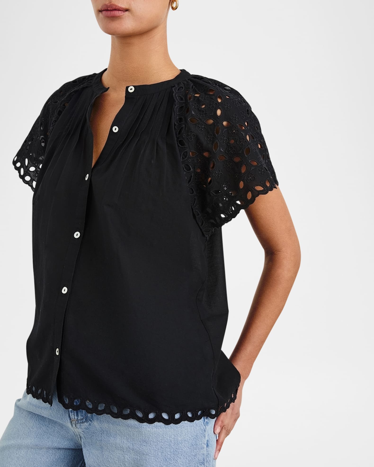 Rails Cerise Eyelet Flutter-Sleeve Blouse | Neiman Marcus