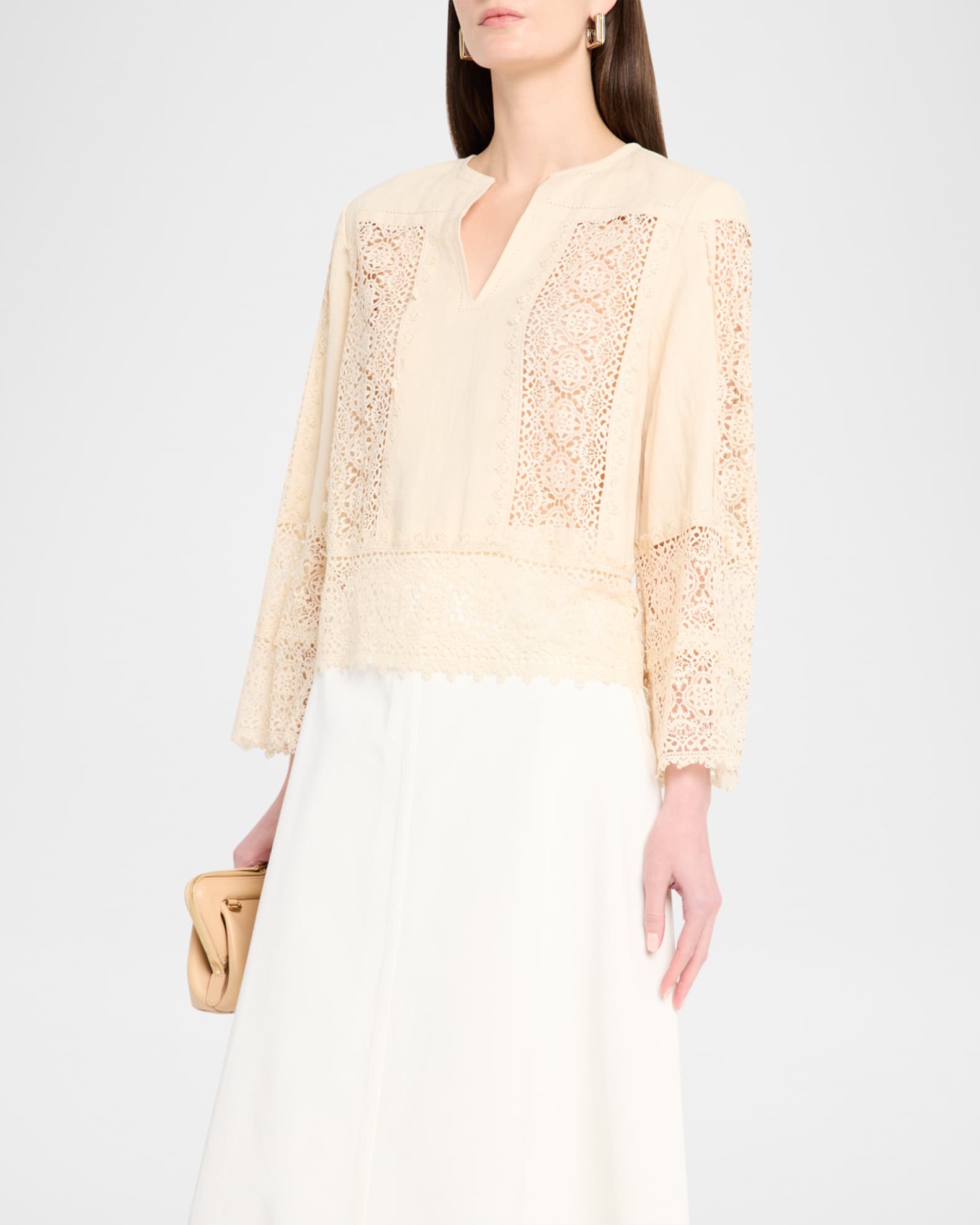 By Malene Birger Donna Lace Inset Linen-Cotton Blouse | Neiman Marcus