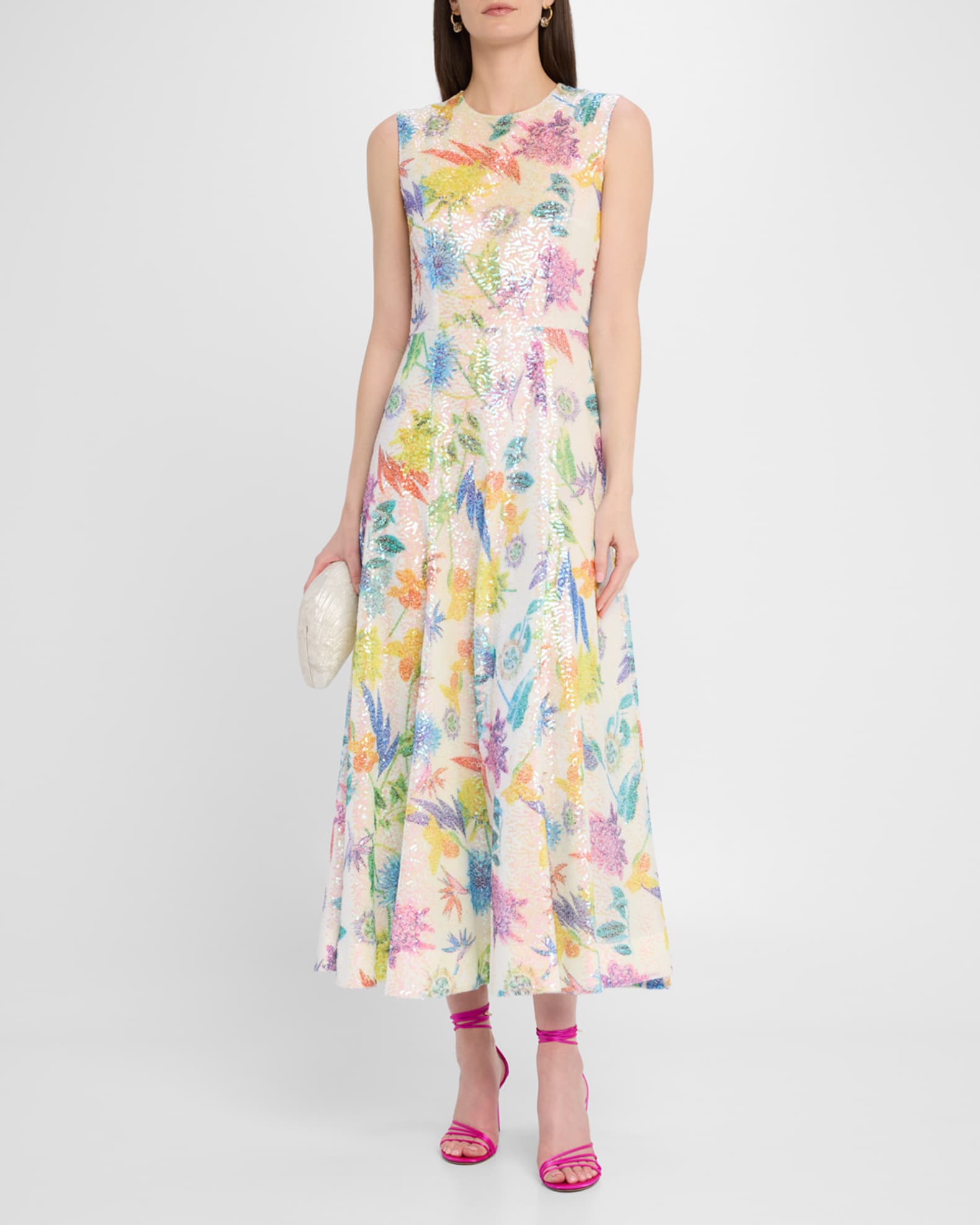 E.Stott Olive Sleeveless Floral Sequin Midi Dress | Neiman Marcus