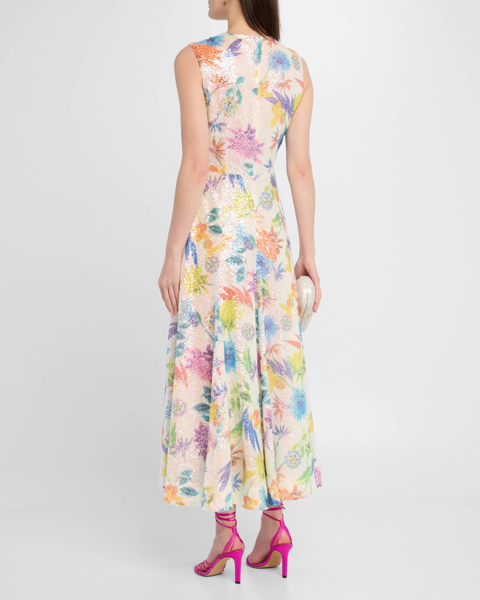E.Stott Olive Sleeveless Floral Sequin Midi Dress | Neiman Marcus