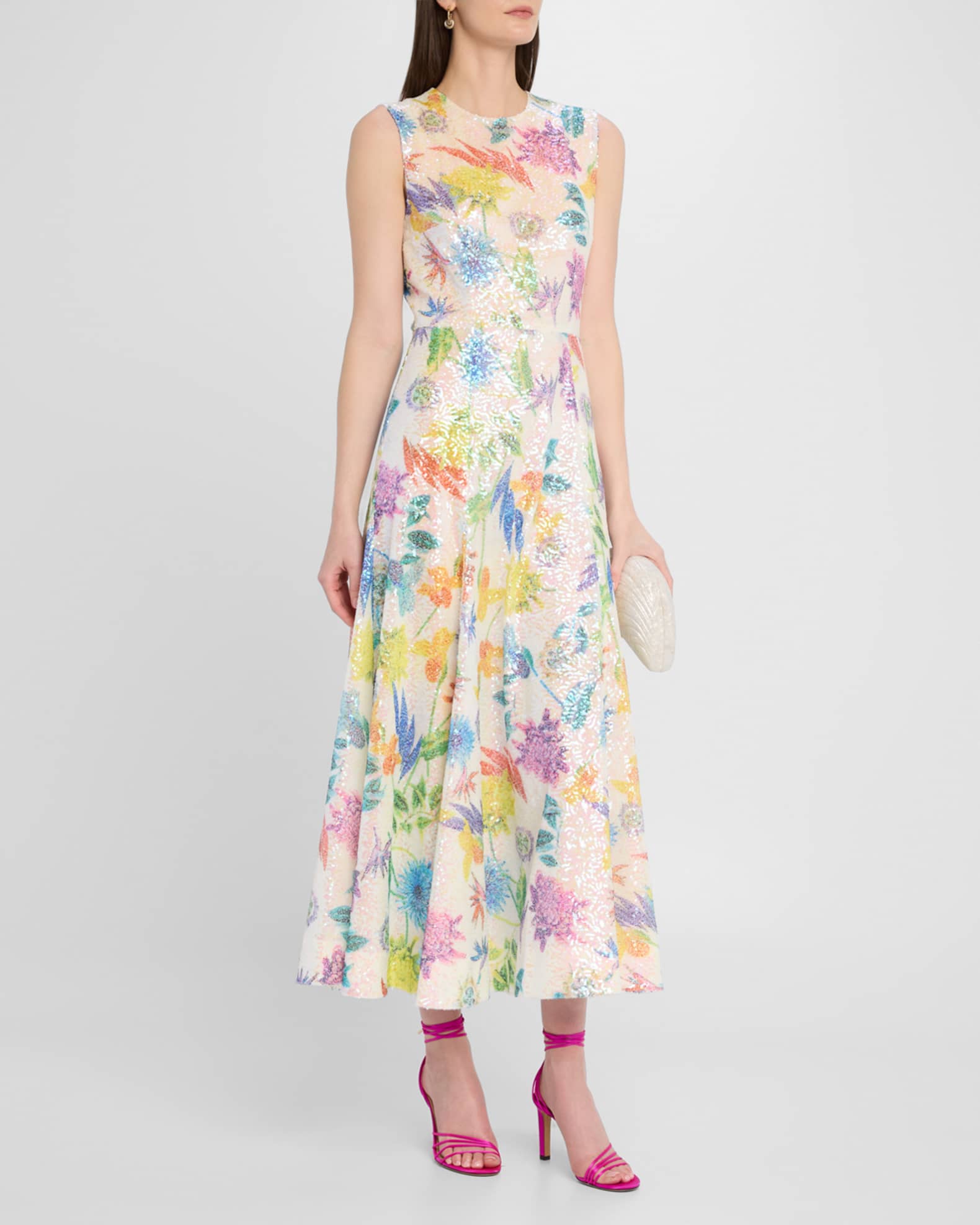 E.Stott Olive Sleeveless Floral Sequin Midi Dress | Neiman Marcus