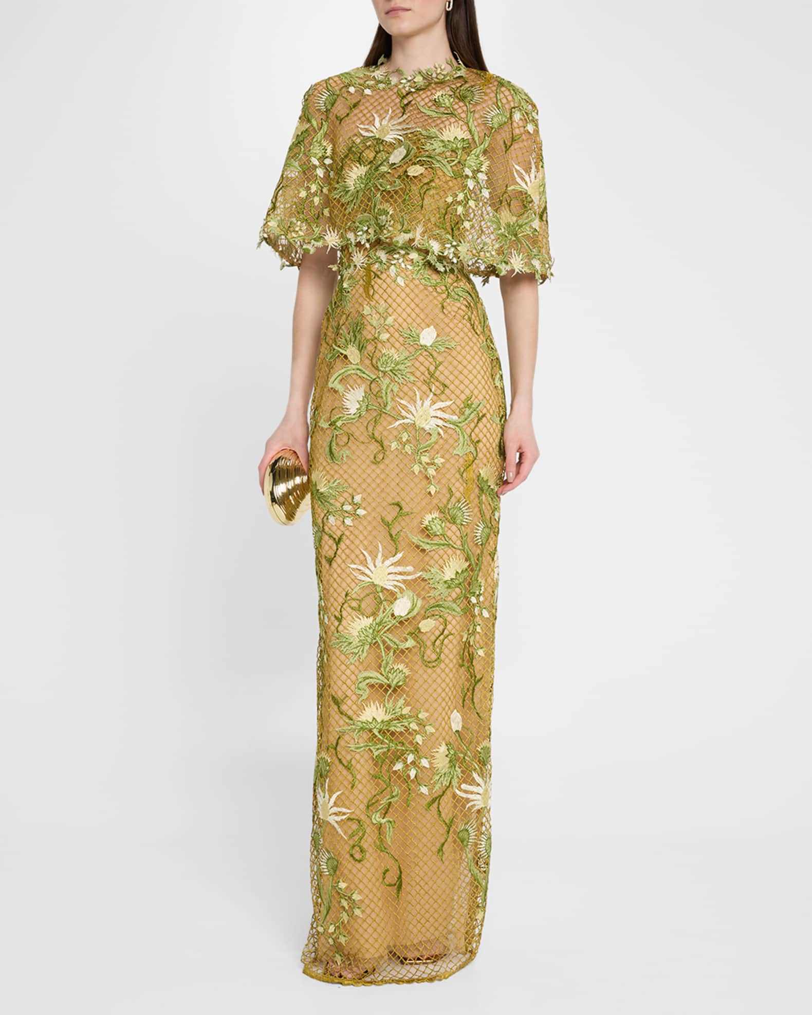 Marchesa Notte Floral-Embroidered Capelet Column Gown | Neiman Marcus