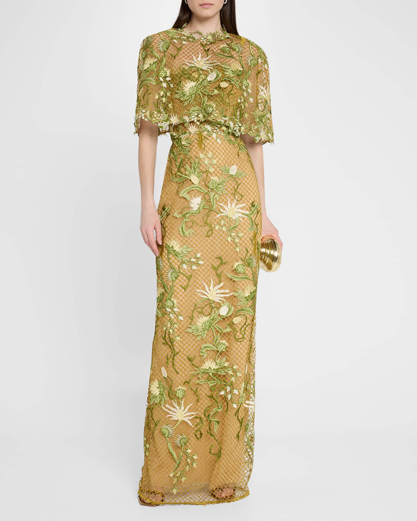 Marchesa Notte Floral-Embroidered Capelet Column Gown | Neiman Marcus