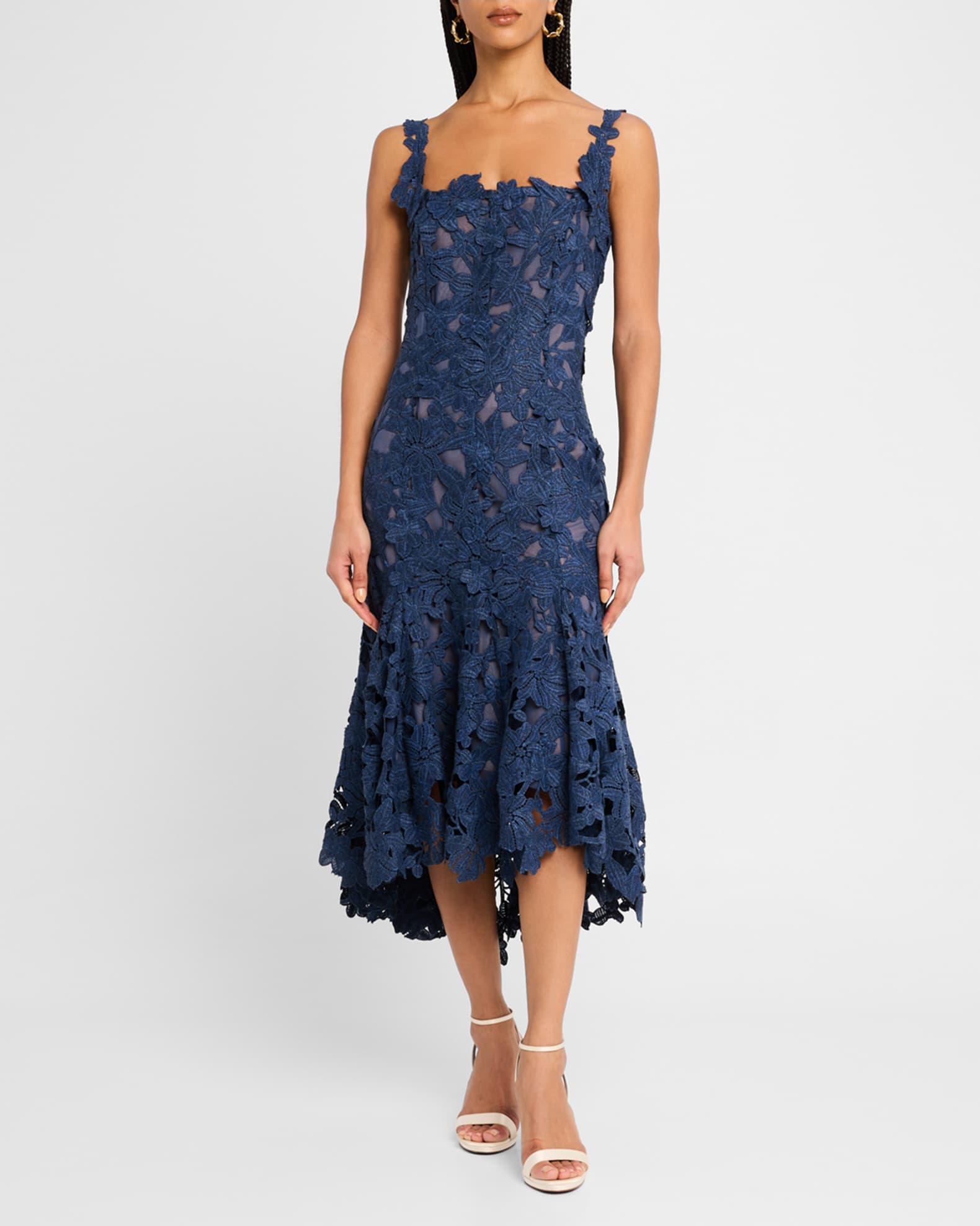 Oscar de la Renta Guipure Asymmetric Trumpet Midi Day Dress | Neiman Marcus