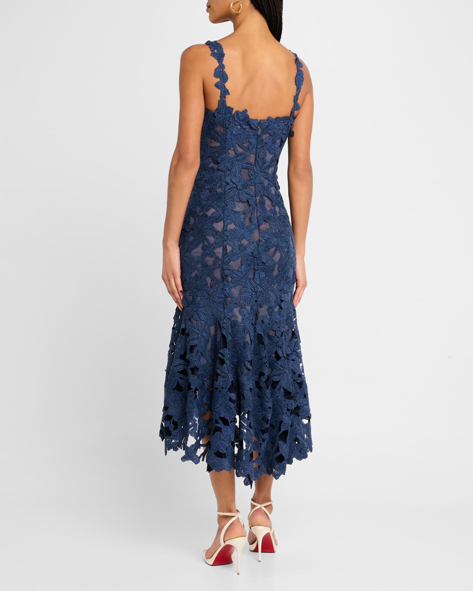 Oscar de la Renta Guipure Asymmetric Trumpet Midi Day Dress | Neiman Marcus