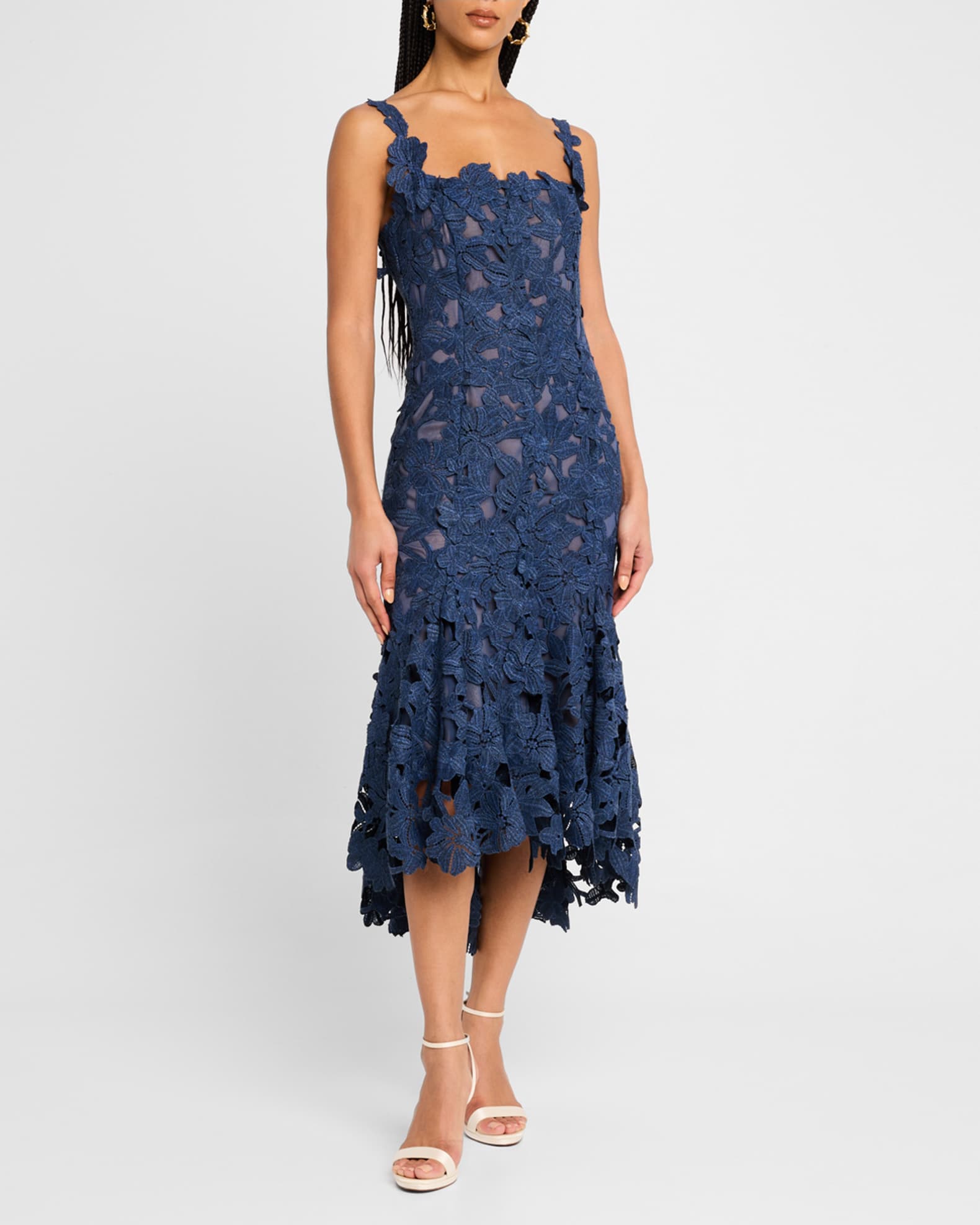 Oscar de la Renta Guipure Asymmetric Trumpet Midi Day Dress | Neiman Marcus