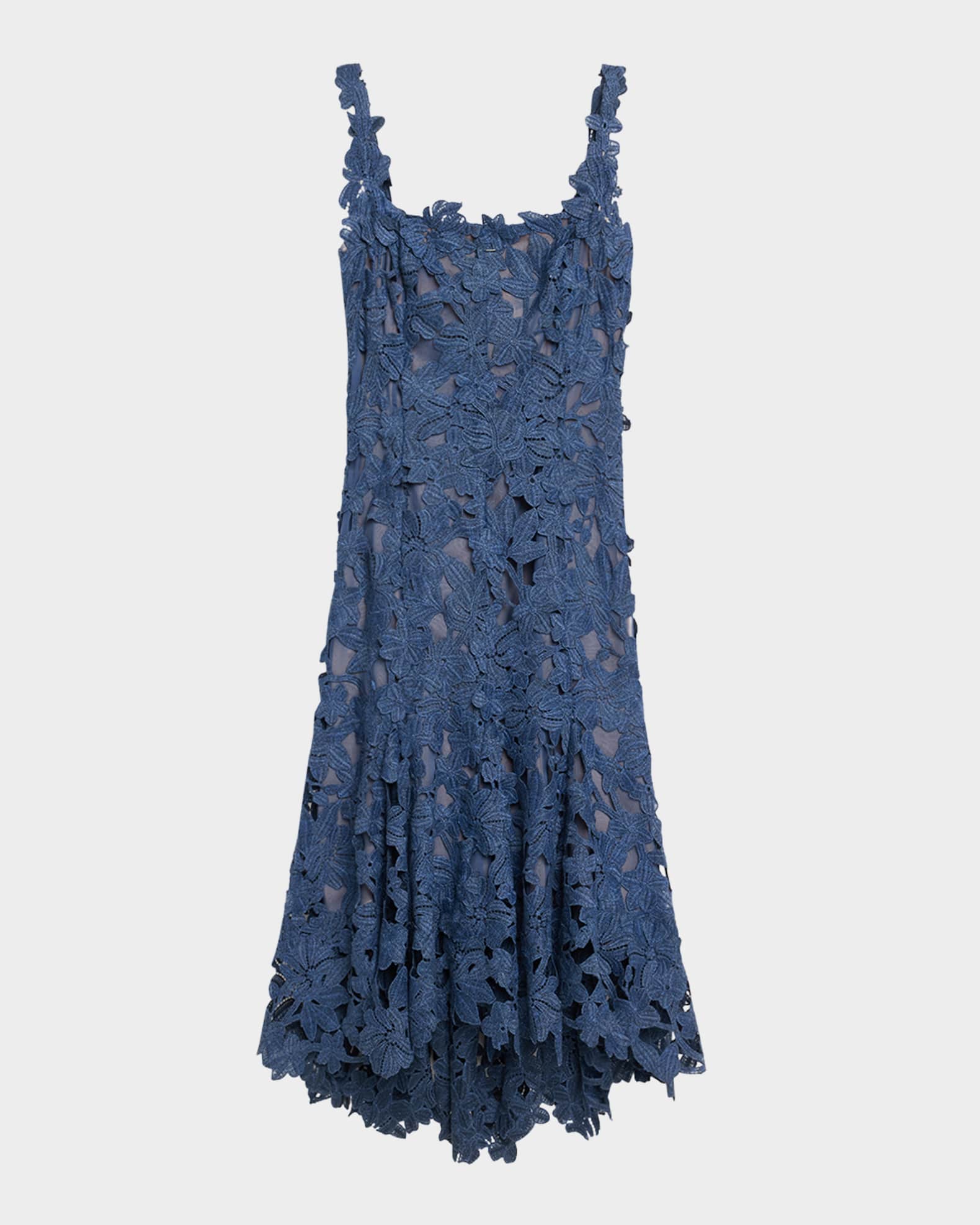 Oscar de la Renta Guipure Asymmetric Trumpet Midi Day Dress | Neiman Marcus