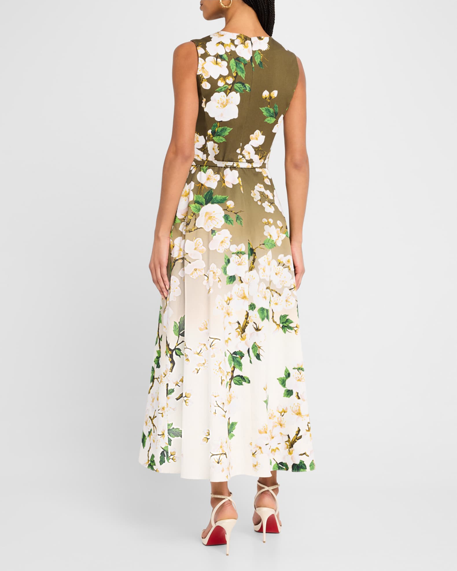 Oscar de la Renta Sleeveless Ombre Cherry Blossom Tea-Length Dress With ...