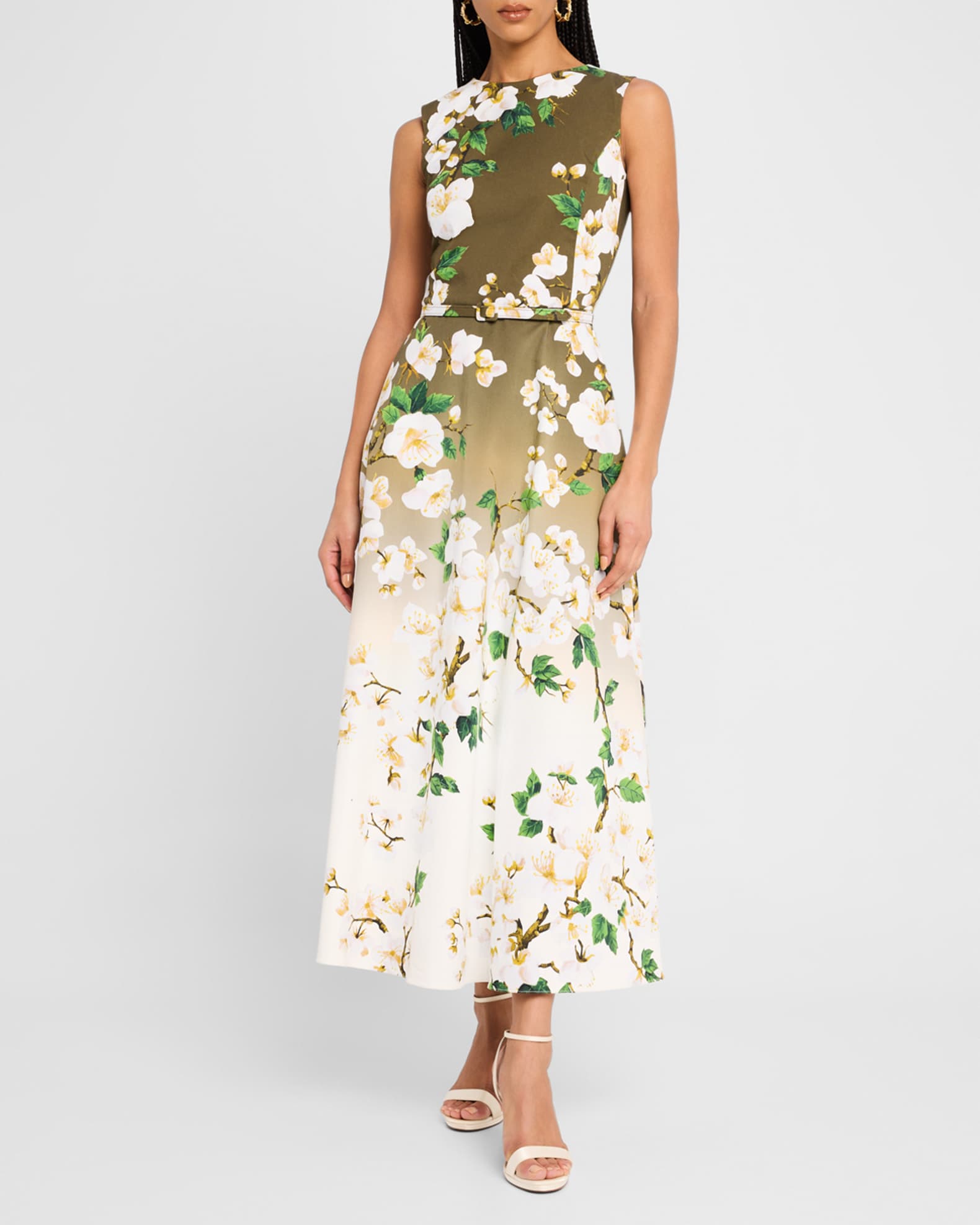 Oscar de la Renta Sleeveless Ombre Cherry Blossom Tea-Length Dress With ...