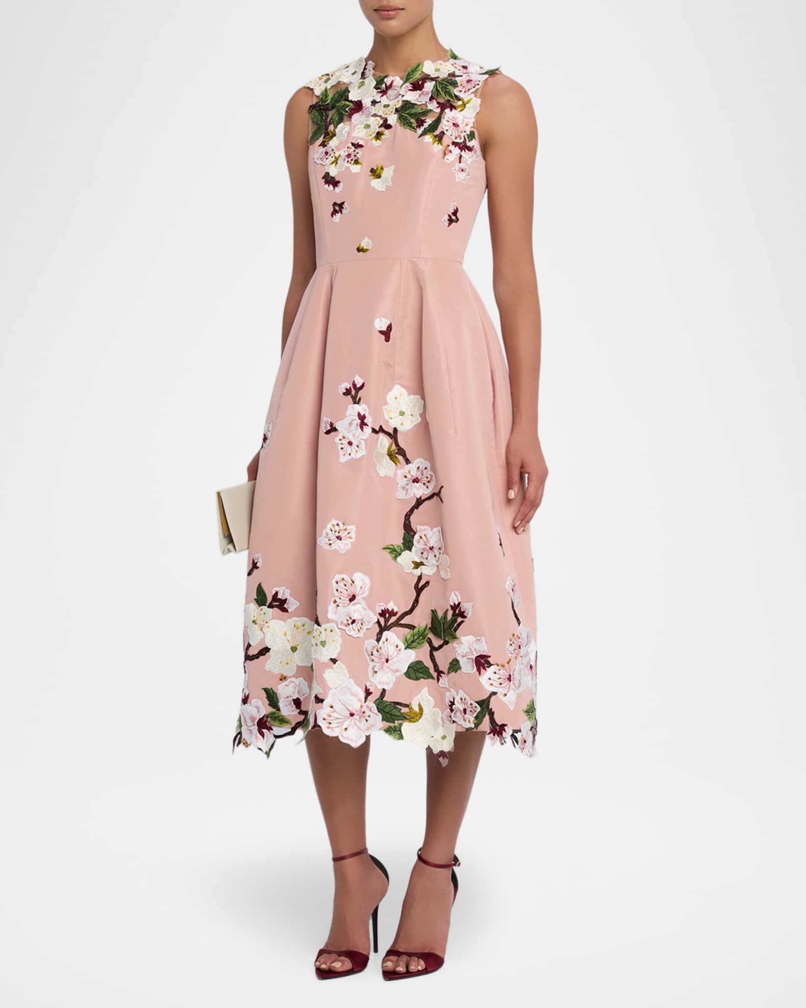 Oscar de la Renta Cherry Blossom Embroidered Faille Sleeveless Cocktail ...