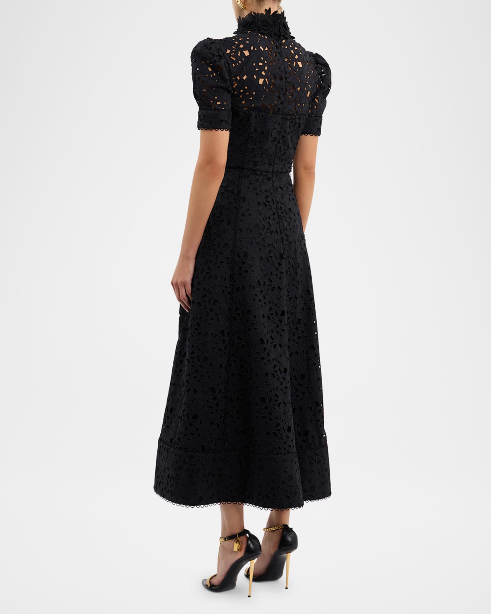 REBECCA VALLANCE Kitsu Mock-Neck Floral Lace Midi Dress | Neiman Marcus