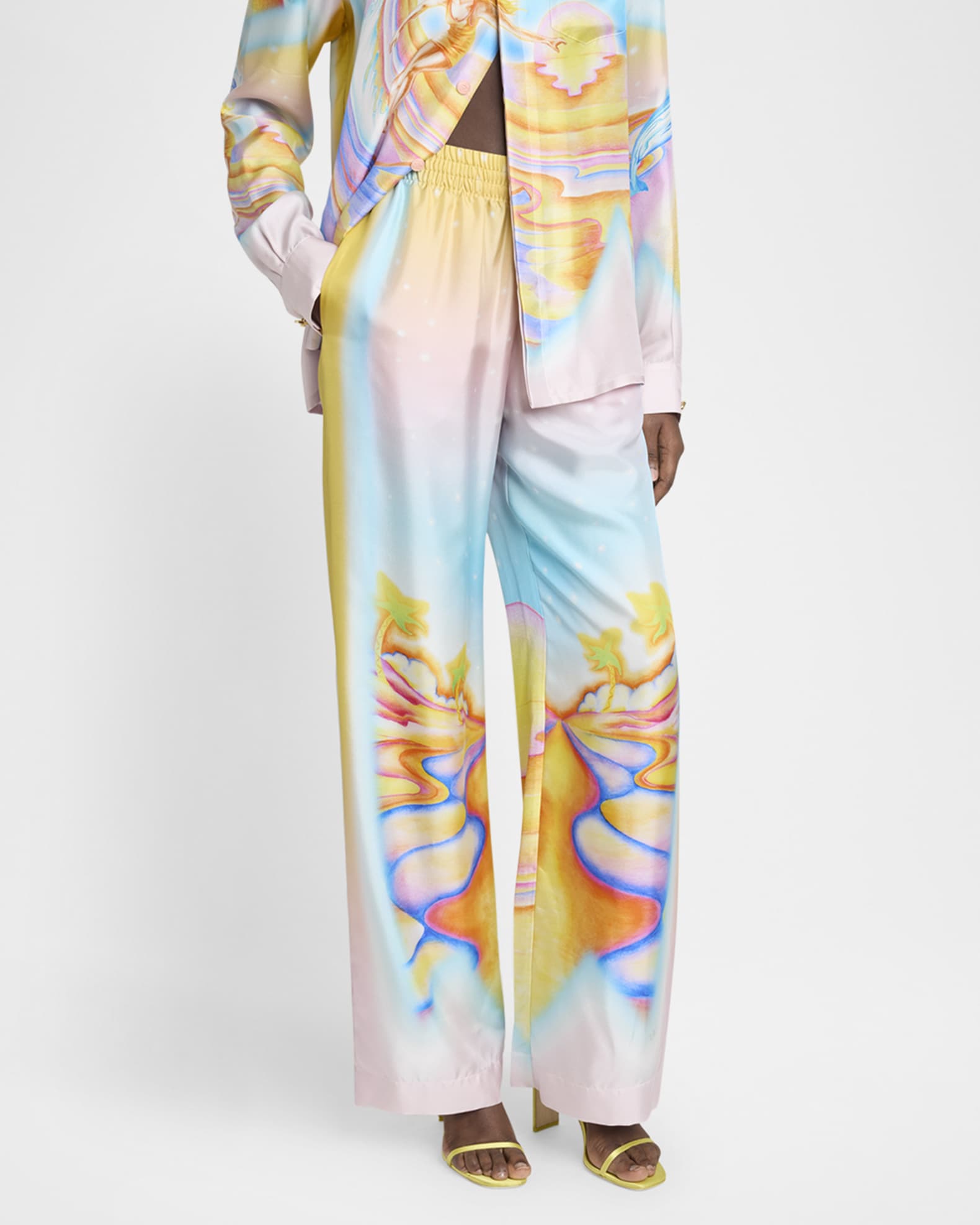 CASABLANCA Printed Silk Wide-Leg Drawstring Trousers | Neiman Marcus