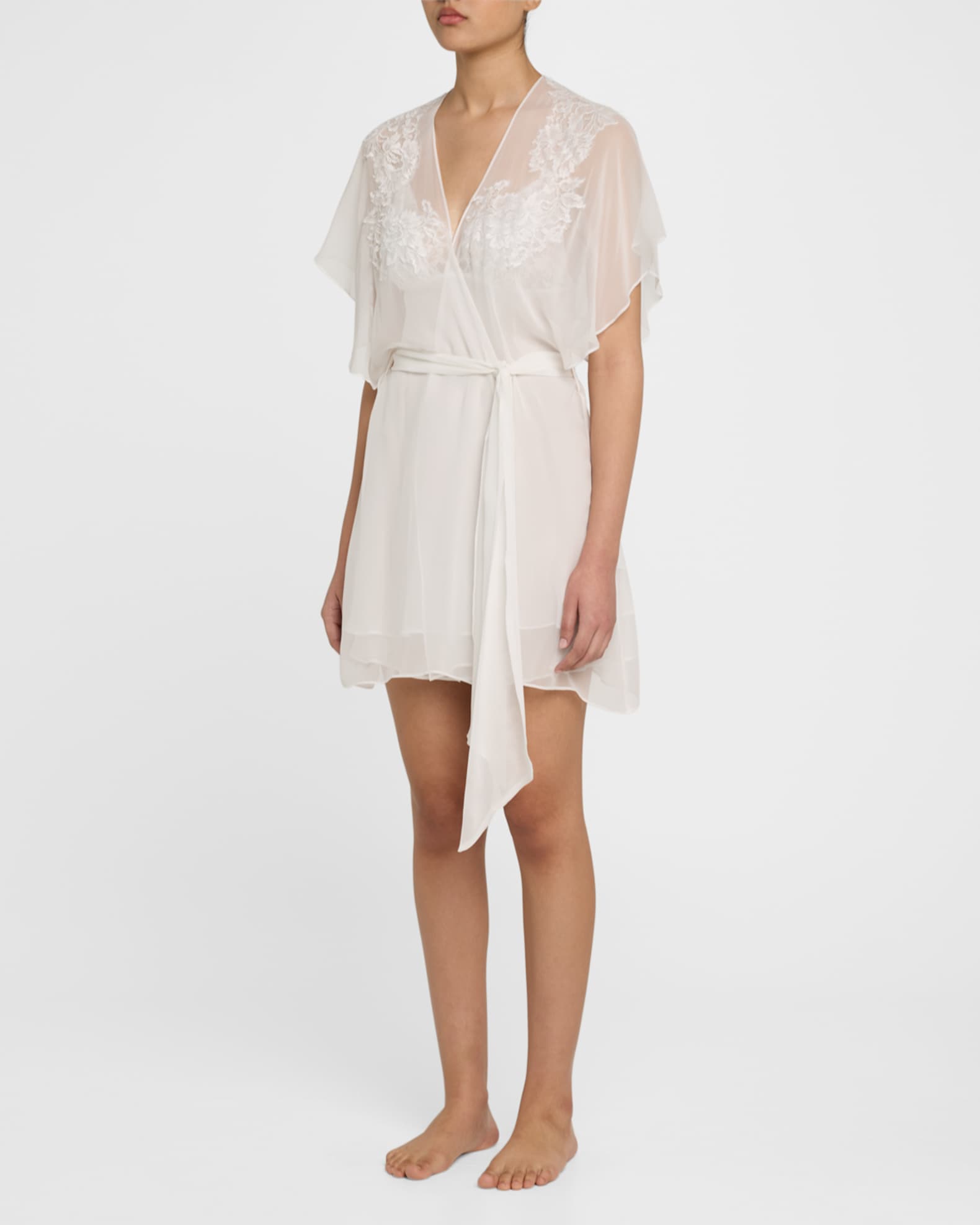 Christine Lingerie Floral Applique Silk Chiffon Robe | Neiman Marcus