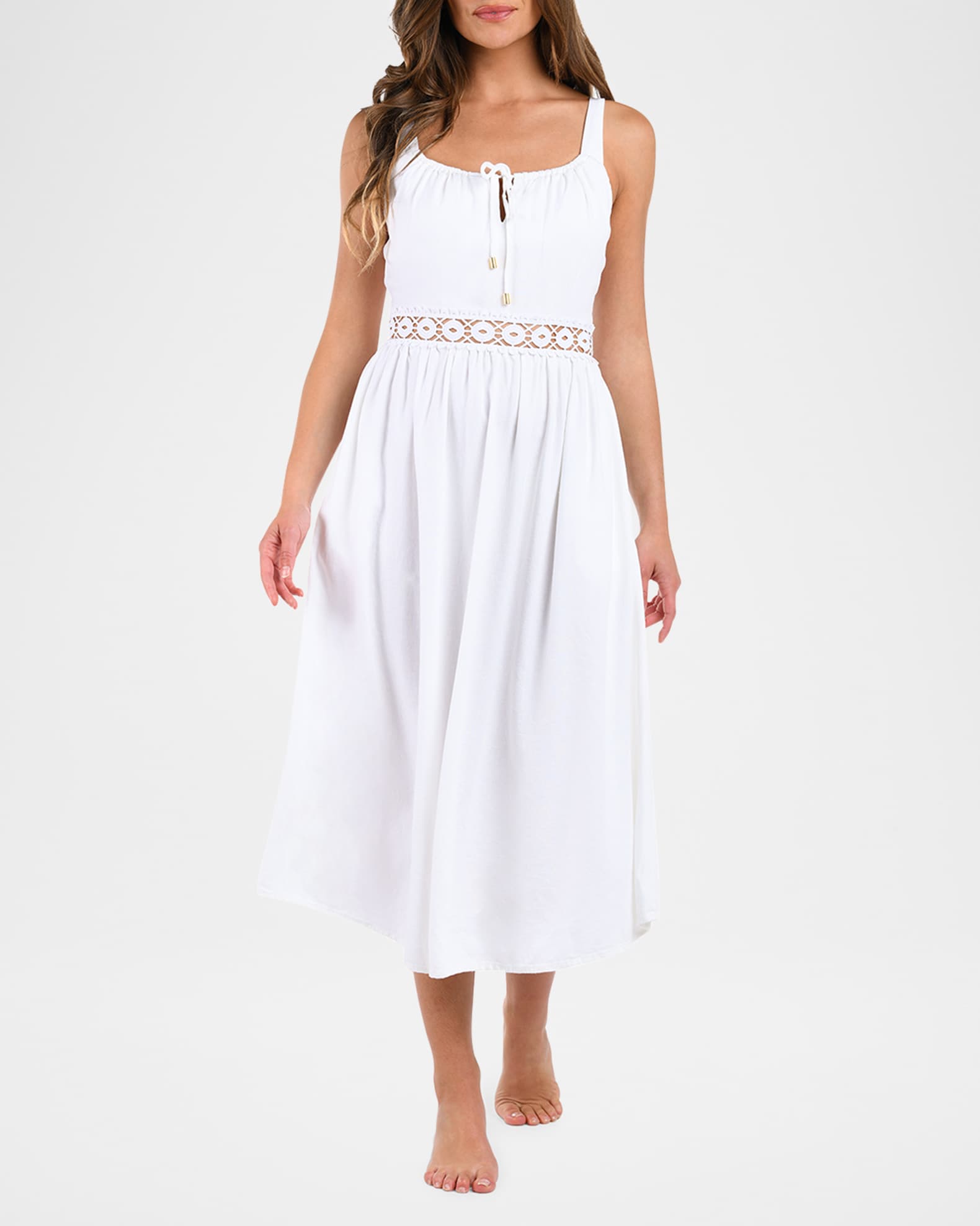 La Blanca Lakeside Crochet-Trim Midi Dress | Neiman Marcus
