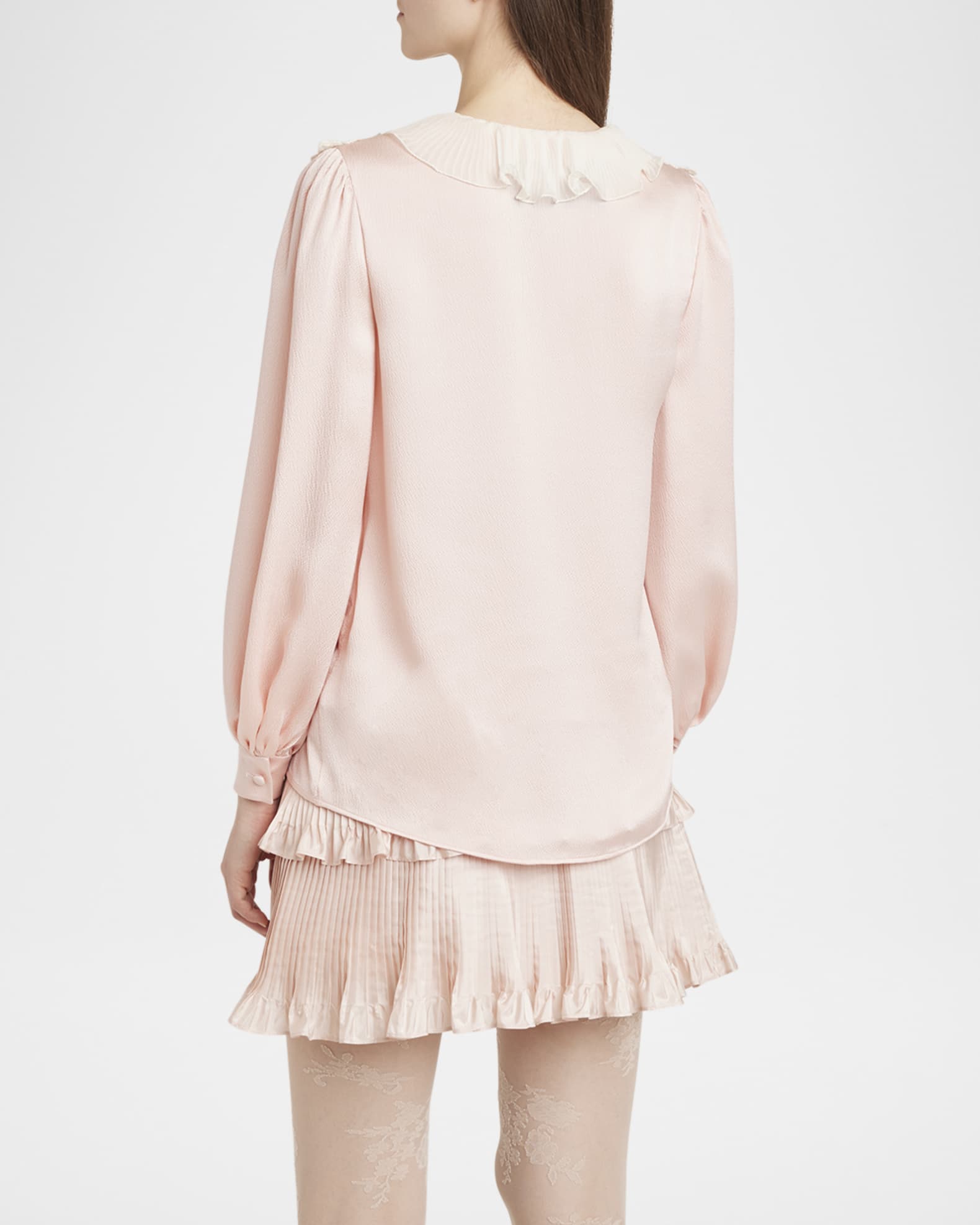 Valentino Garavani Ruffle V-Neck Lace Trim Silk Shirt | Neiman Marcus