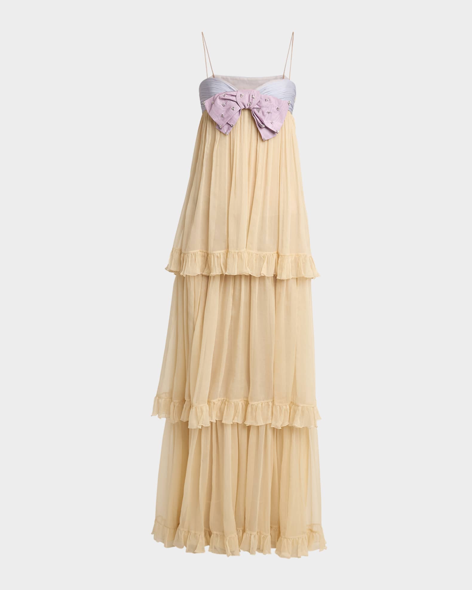 Valentino Garavani Crystal Creponne Bow Tiered Chiffon Babydoll Gown ...