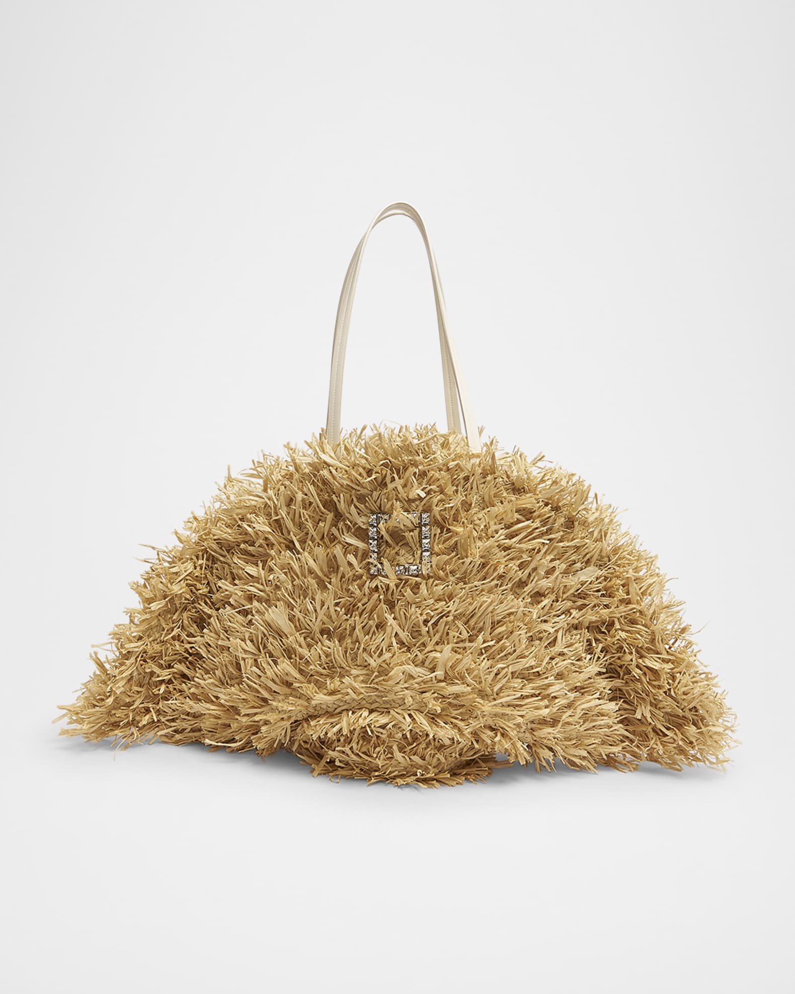 Roger Vivier Large Fan Fringe Raffia Shoulder Bag | Neiman Marcus