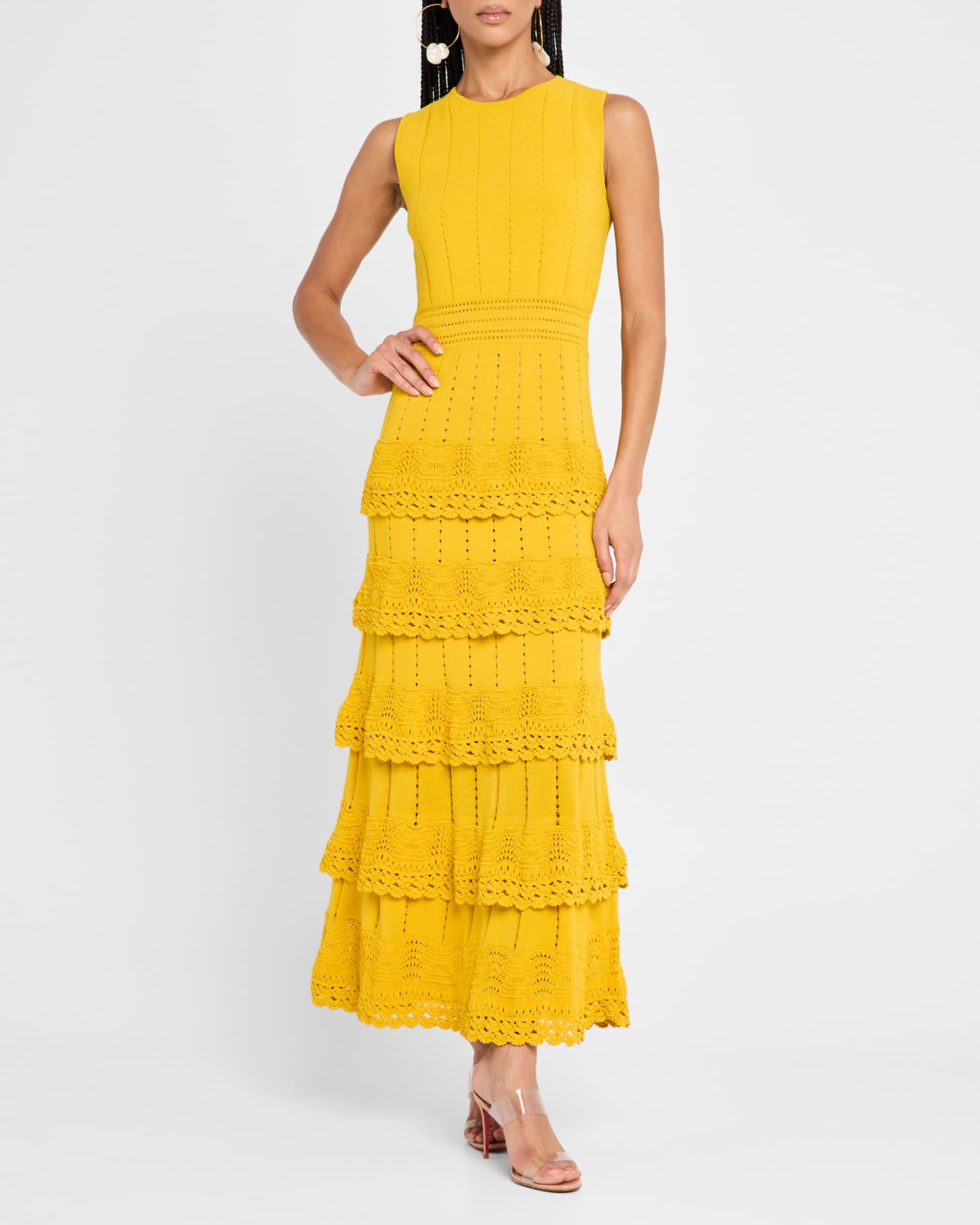 Lela Rose Crochet Ruffle Pointelle Knit Sleeveless Midi Dress | Neiman ...