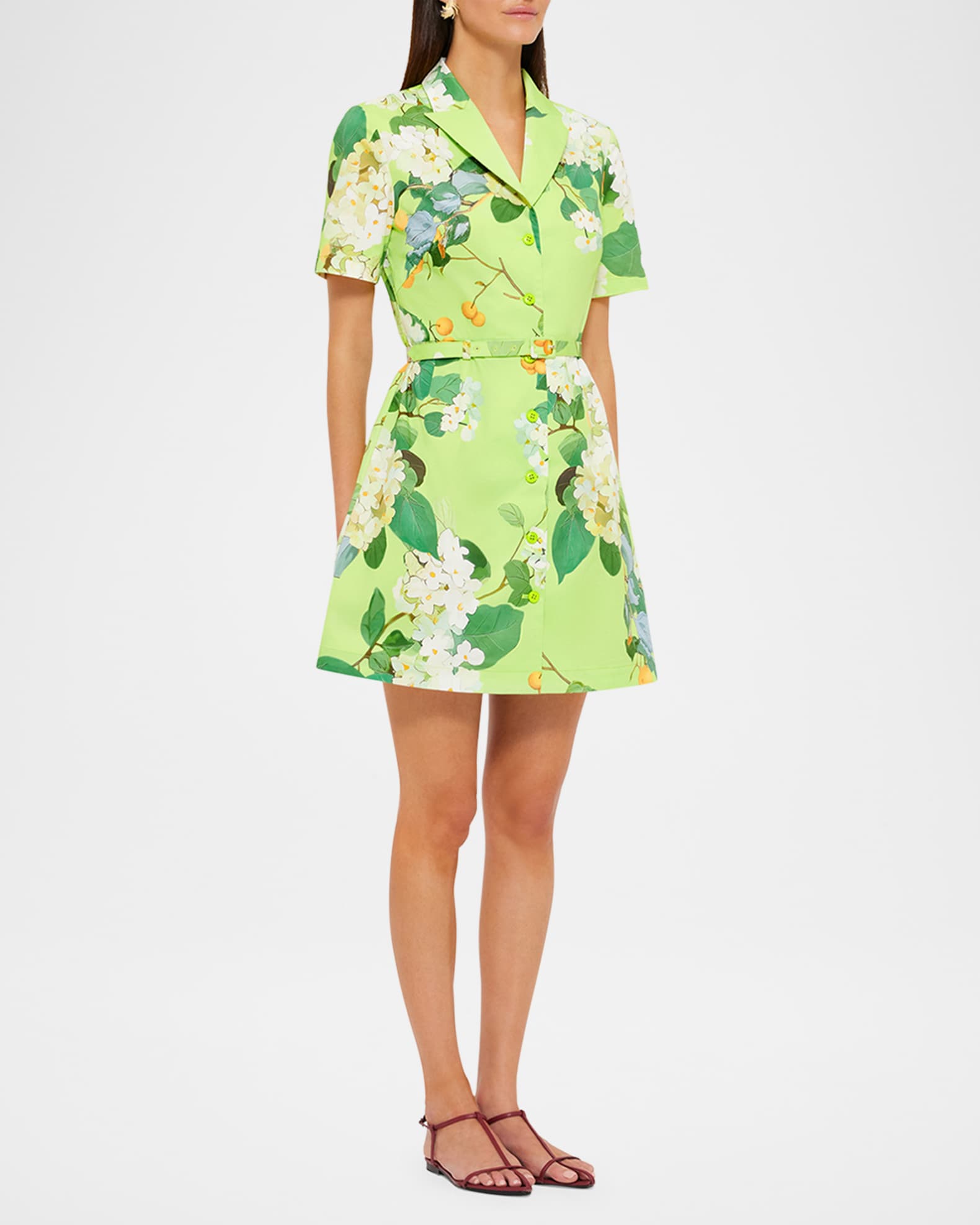 LEO LIN Brigitte Floral-Print Belted Mini Shirtdress | Neiman Marcus