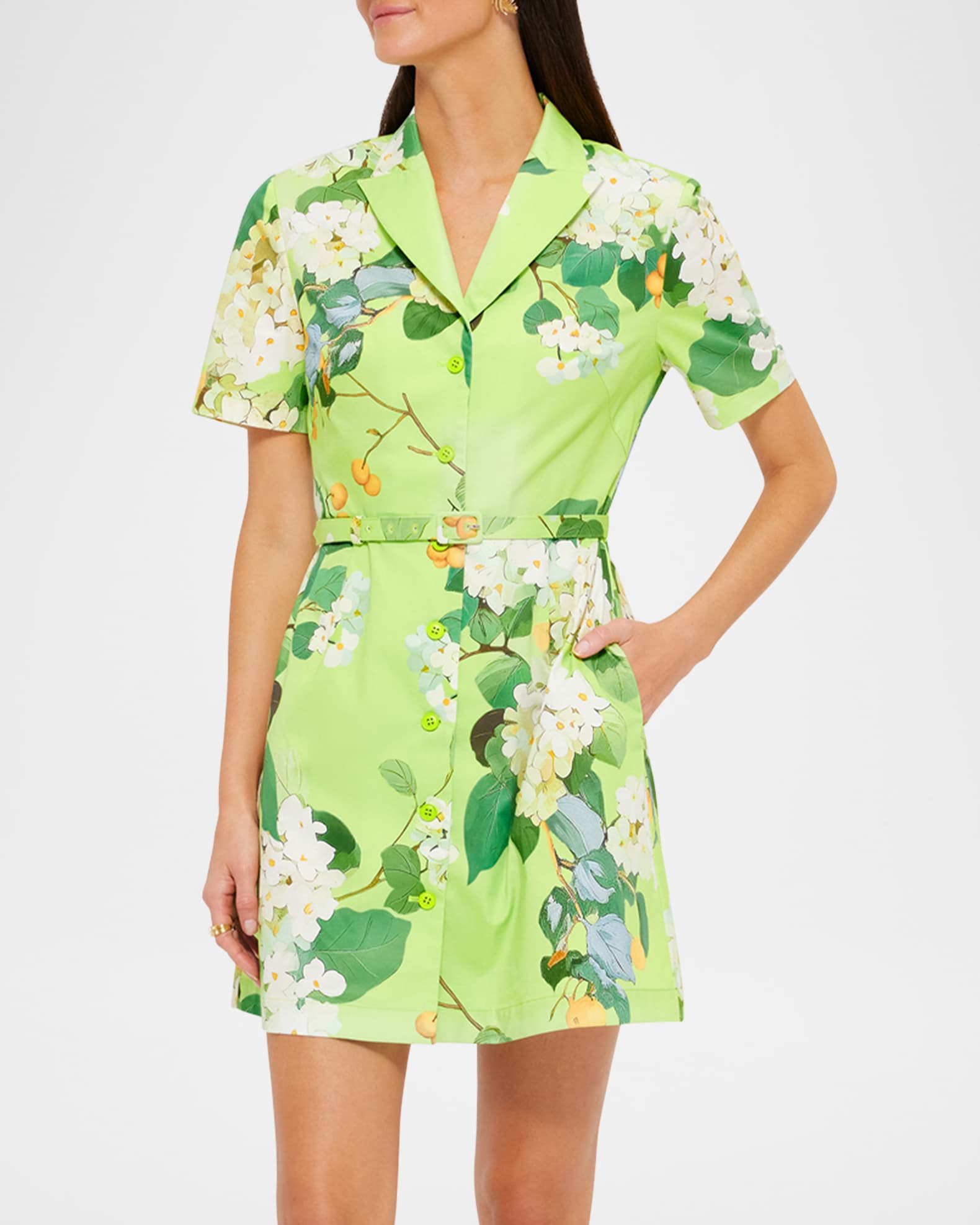 LEO LIN Brigitte Floral-Print Belted Mini Shirtdress | Neiman Marcus
