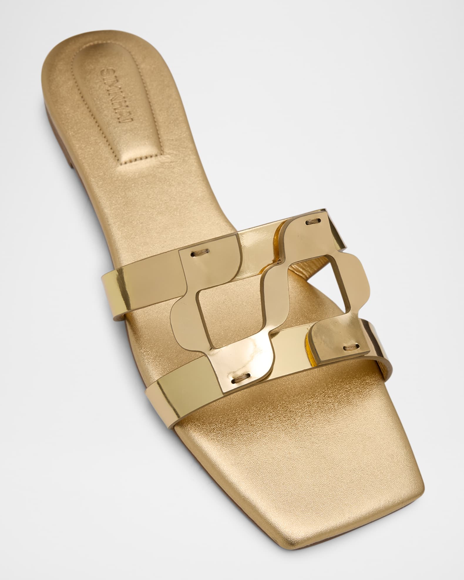 SIMKHAI Metallic Monogram Flat Slide Sandals | Neiman Marcus