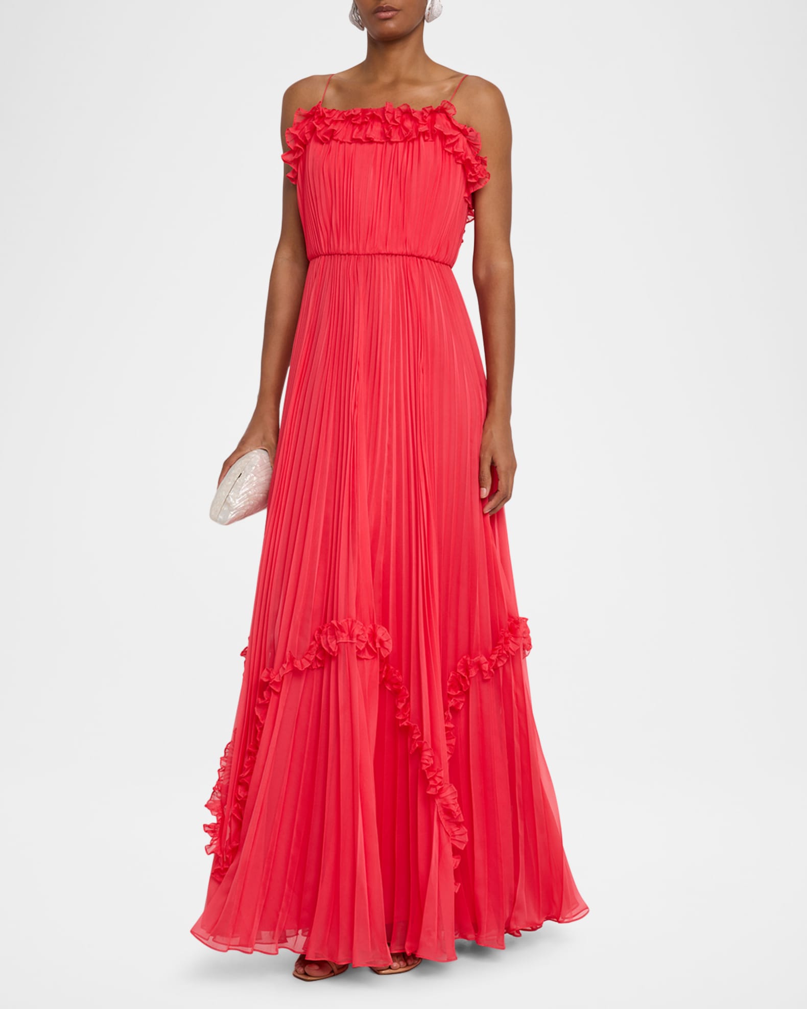 BCBGMAXAZRIA Sleeveless Pleated Ruffle-Trim Gown | Neiman Marcus