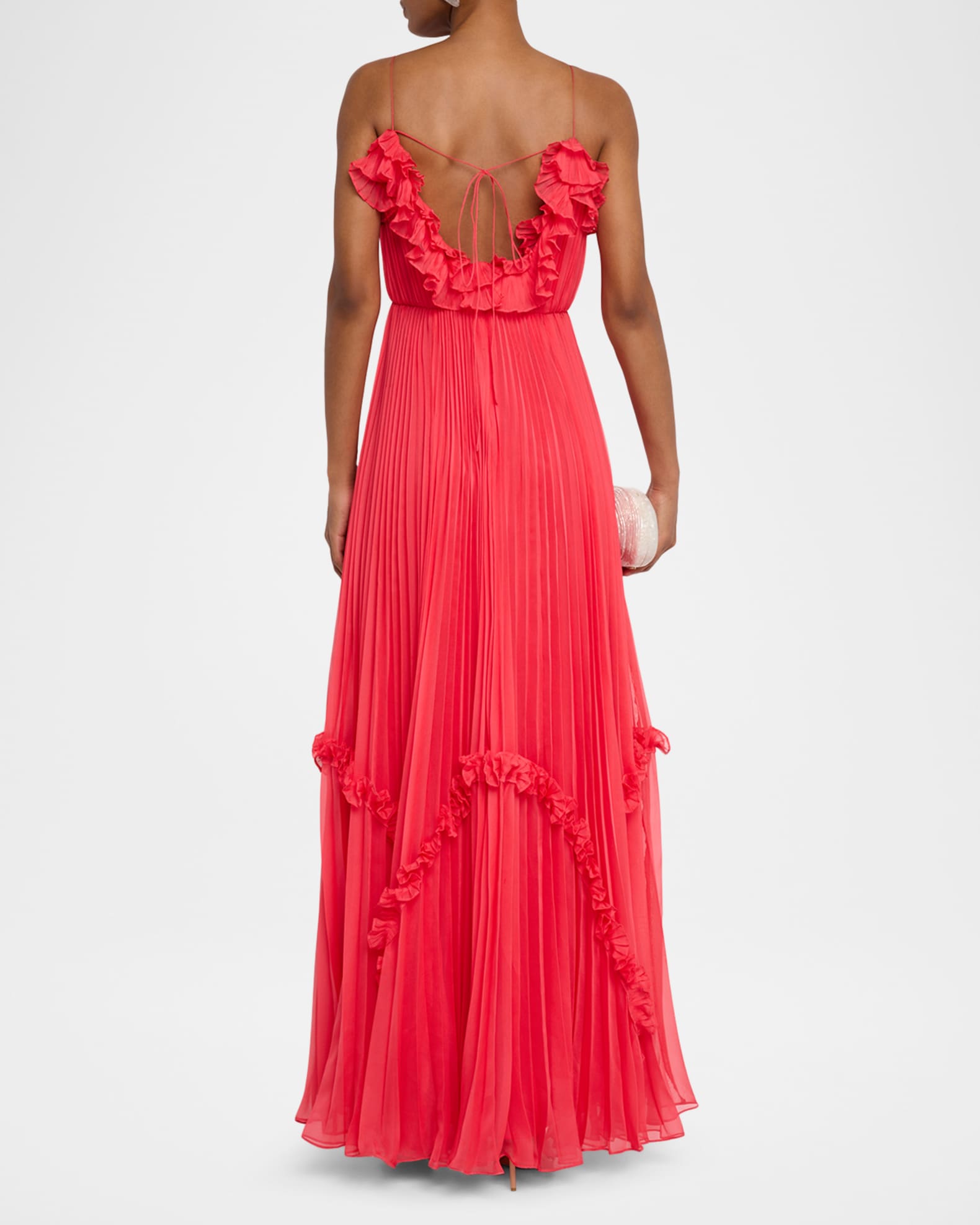 BCBGMAXAZRIA Sleeveless Pleated Ruffle-Trim Gown | Neiman Marcus
