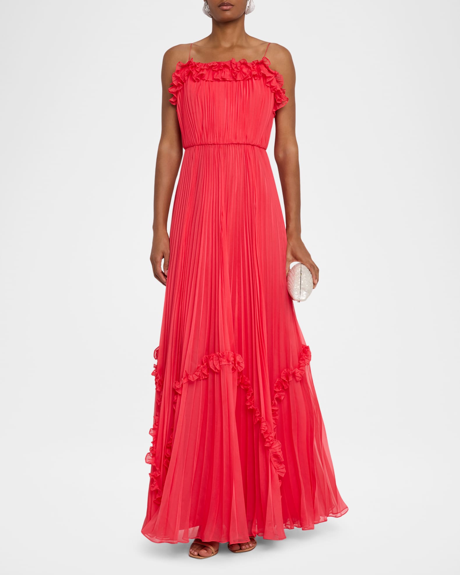 BCBGMAXAZRIA Sleeveless Pleated Ruffle-Trim Gown | Neiman Marcus