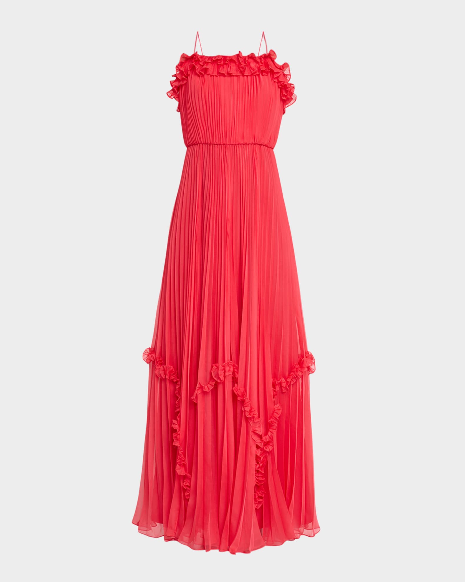 BCBGMAXAZRIA Sleeveless Pleated Ruffle-Trim Gown | Neiman Marcus