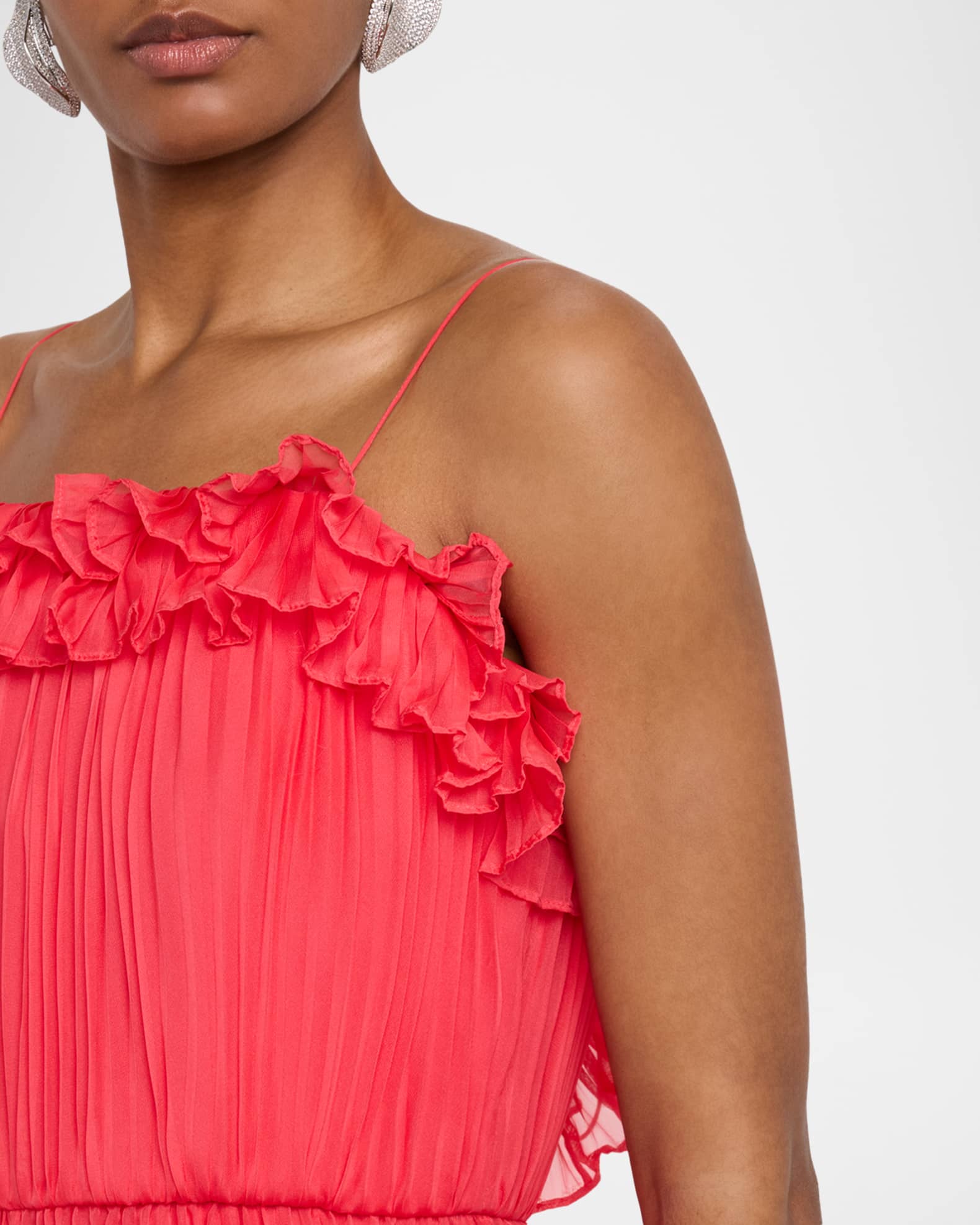 BCBGMAXAZRIA Sleeveless Pleated Ruffle-Trim Gown | Neiman Marcus