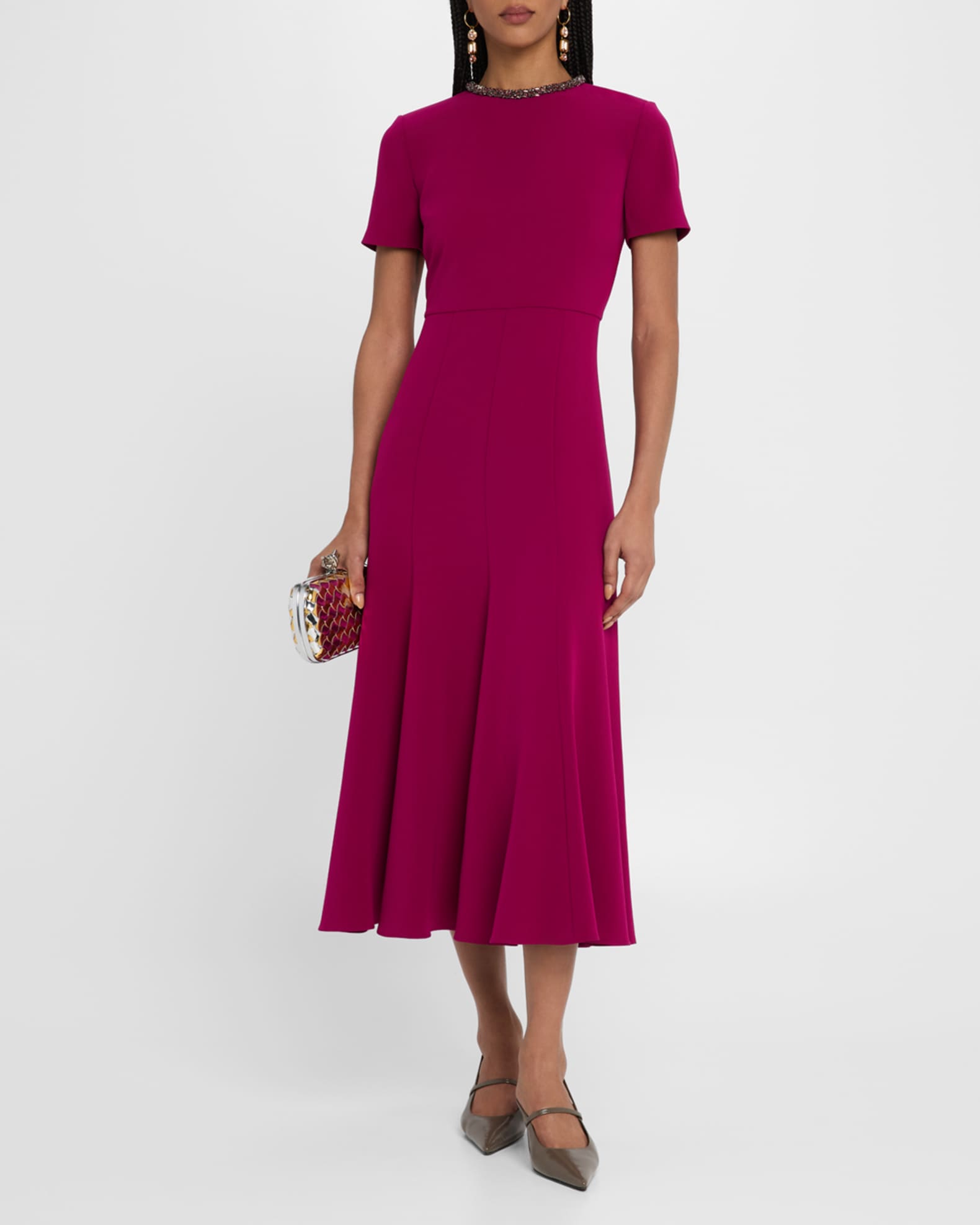 Roland Mouret Diamante Neck Light Cady Midi Dress | Neiman Marcus