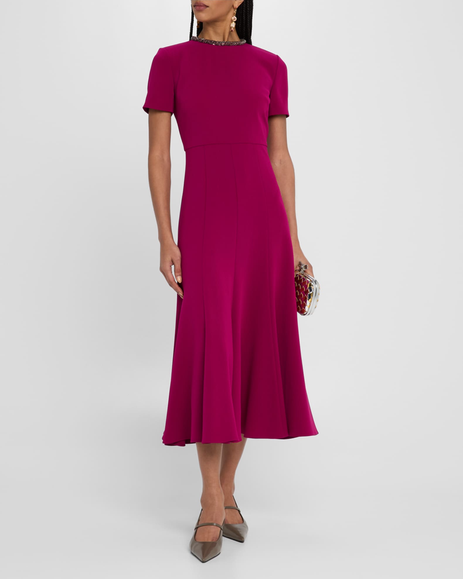 Roland Mouret Diamante Neck Light Cady Midi Dress | Neiman Marcus