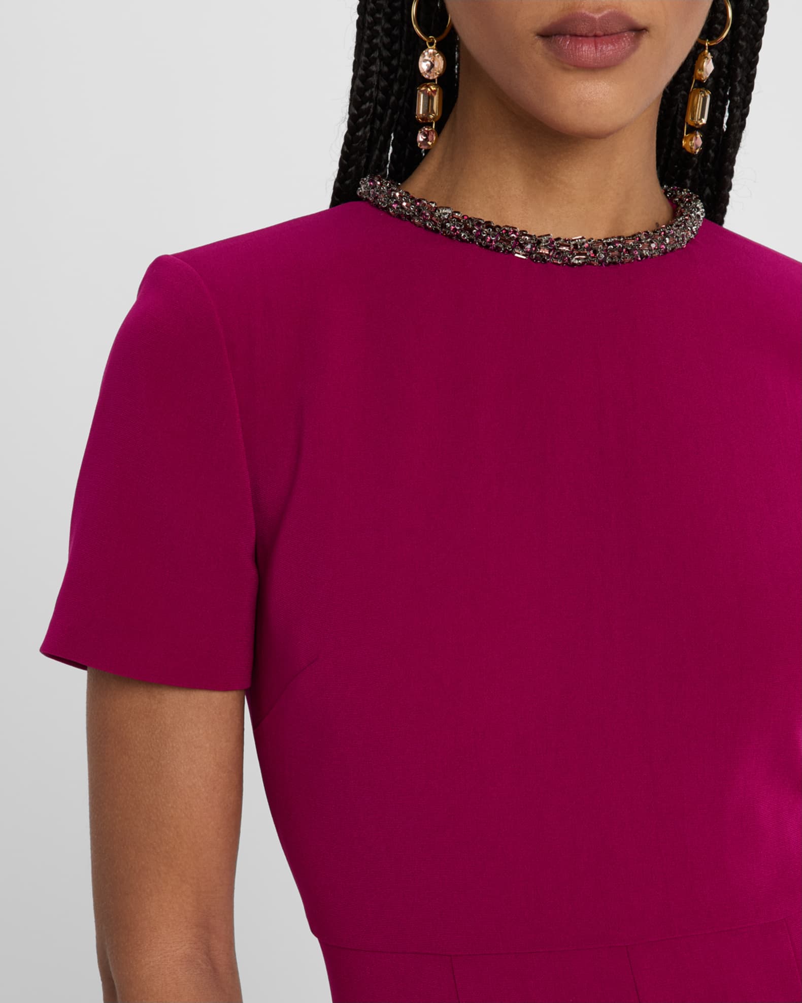 Roland Mouret Diamante Neck Light Cady Midi Dress | Neiman Marcus