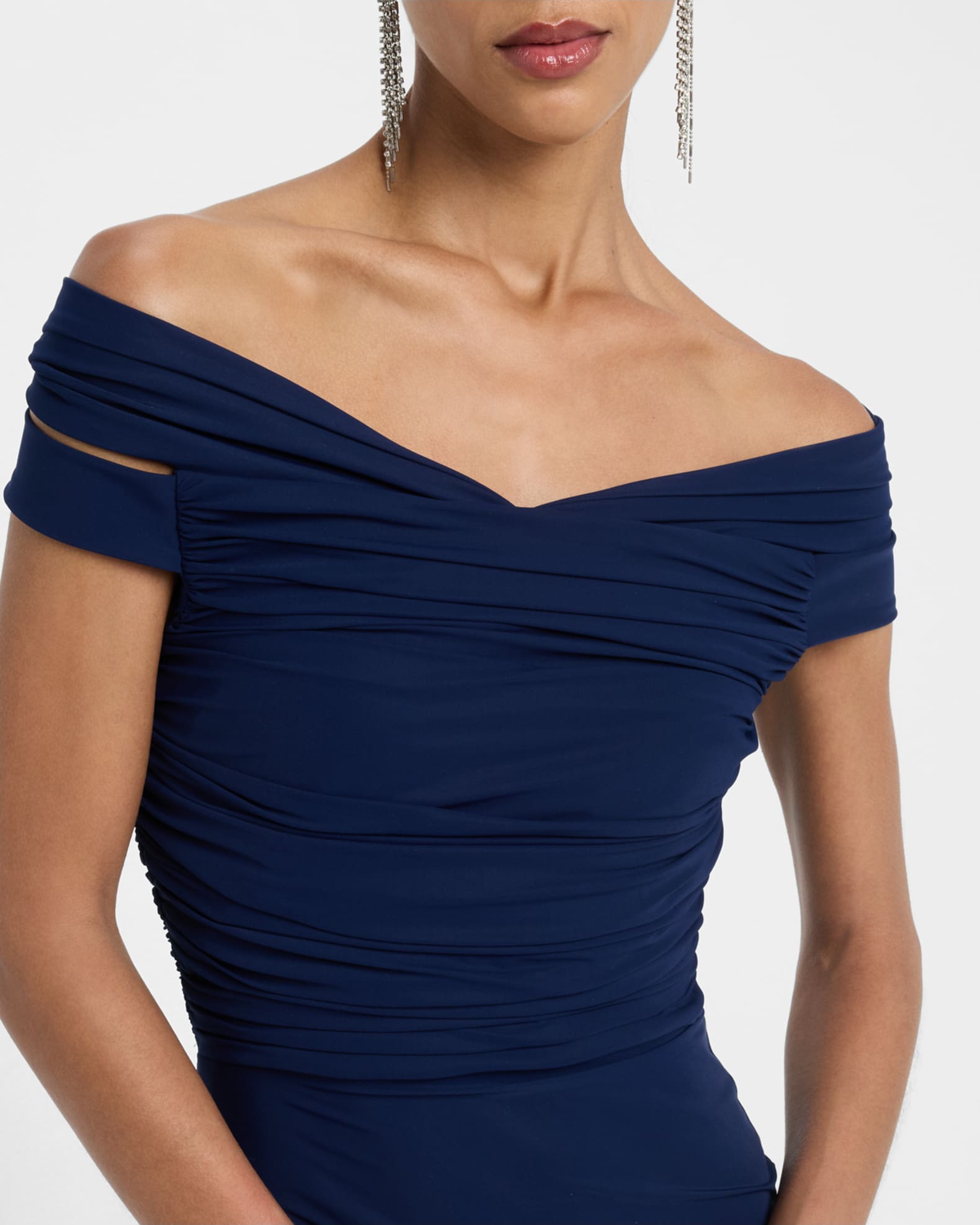 Chiara Boni La Petite Robe Ruched Off-Shoulder Column Gown | Neiman Marcus